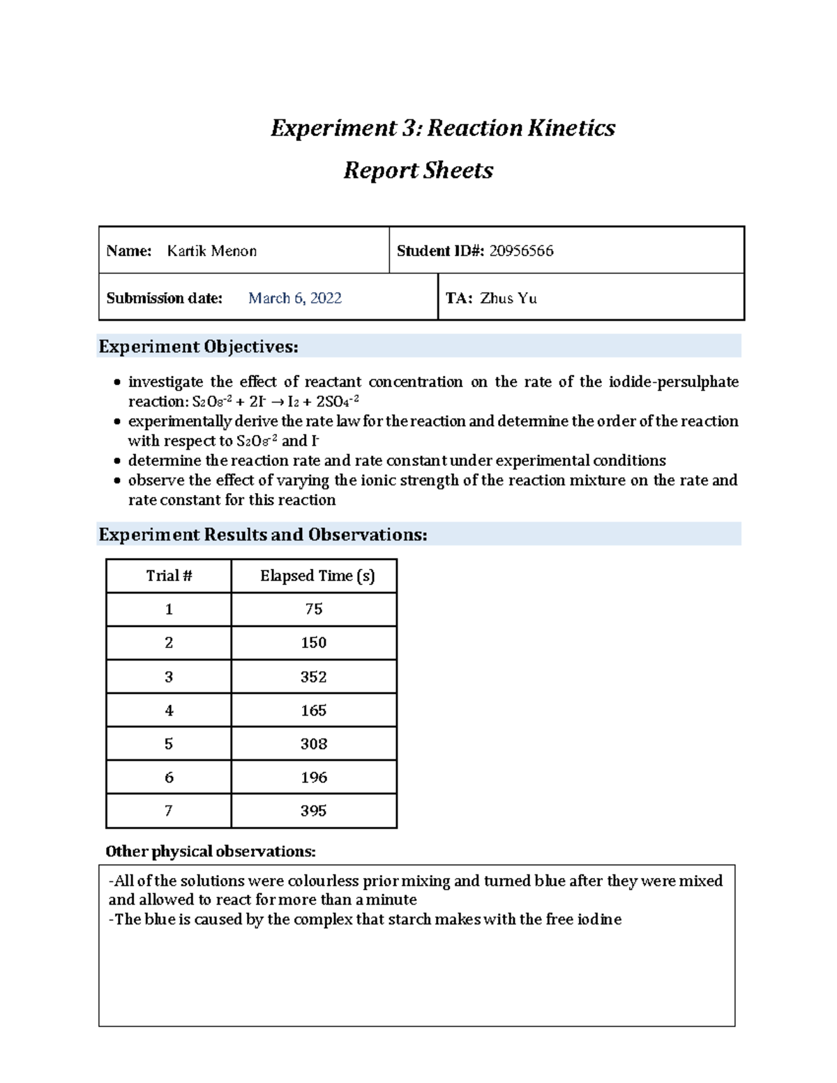 Ex3 Reaction kinetics report template - Chem 123L - UWaterloo - Studocu