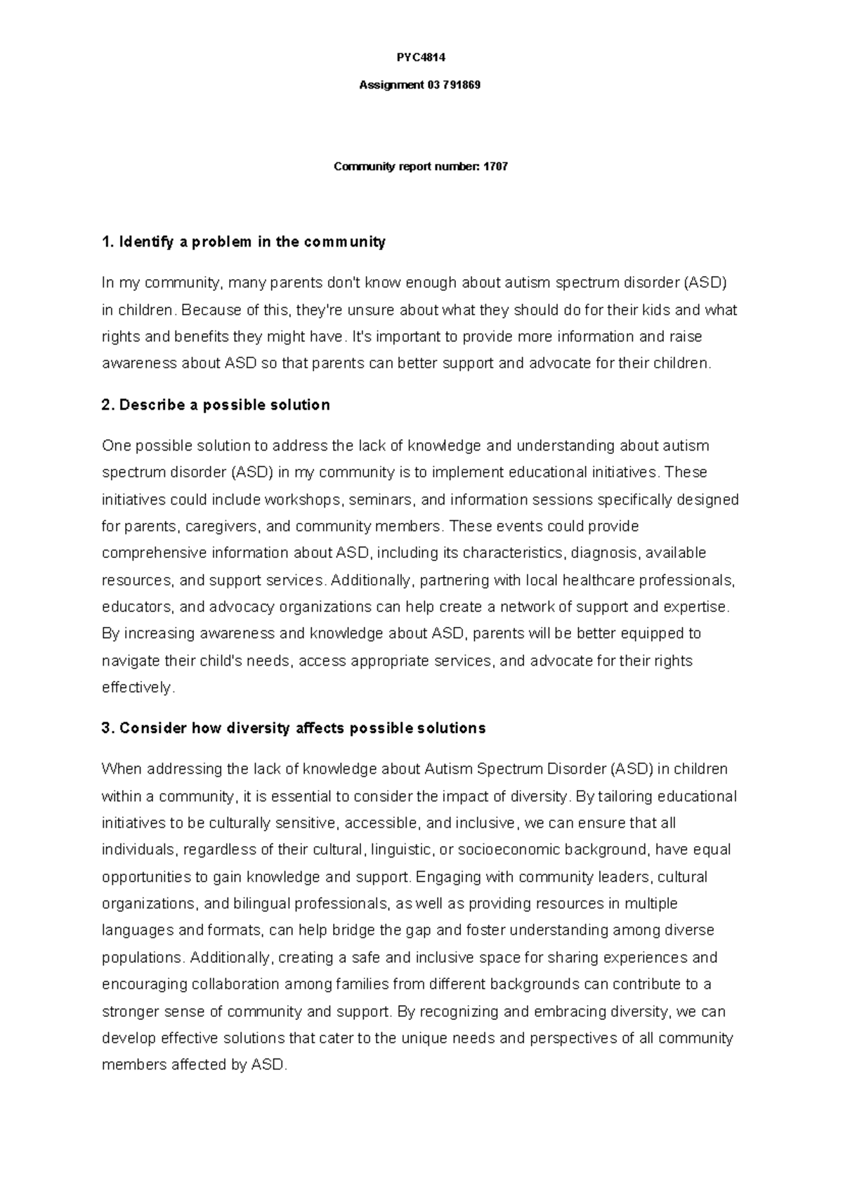 Pyc4814 Assignment 3 - Unisa - PYC Assignment 03 791869 Community report number: 1707 Identify a ...