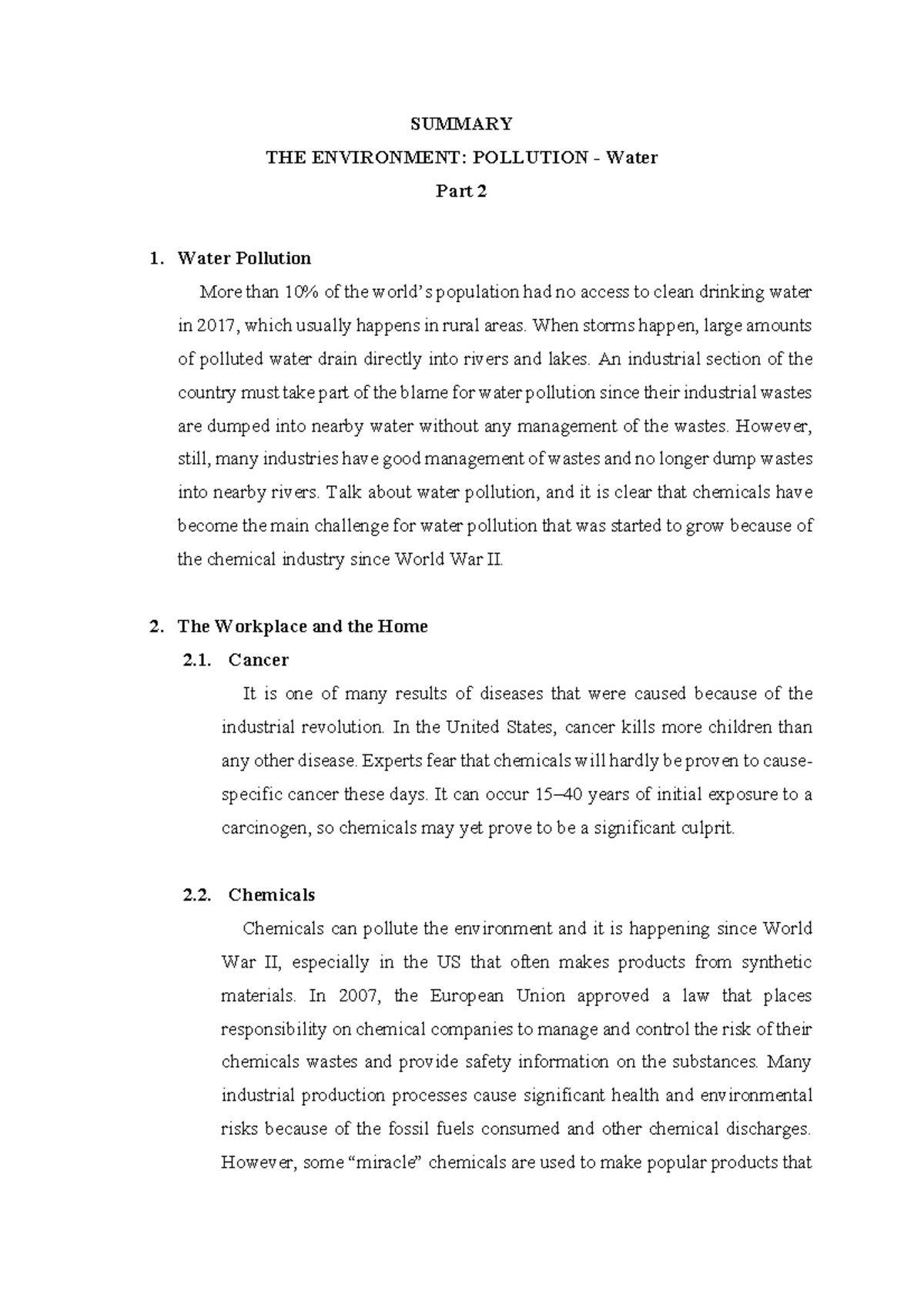 Global Issues - Environment Pollution Water Summary 2 - SUMMARY THE ...