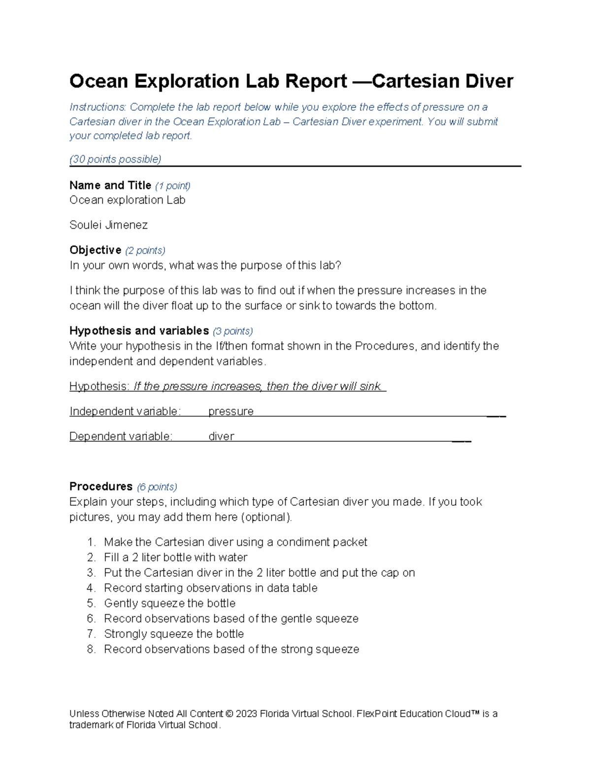 Cartesian diver lab report - Ocean Exploration Lab Report —Cartesian ...