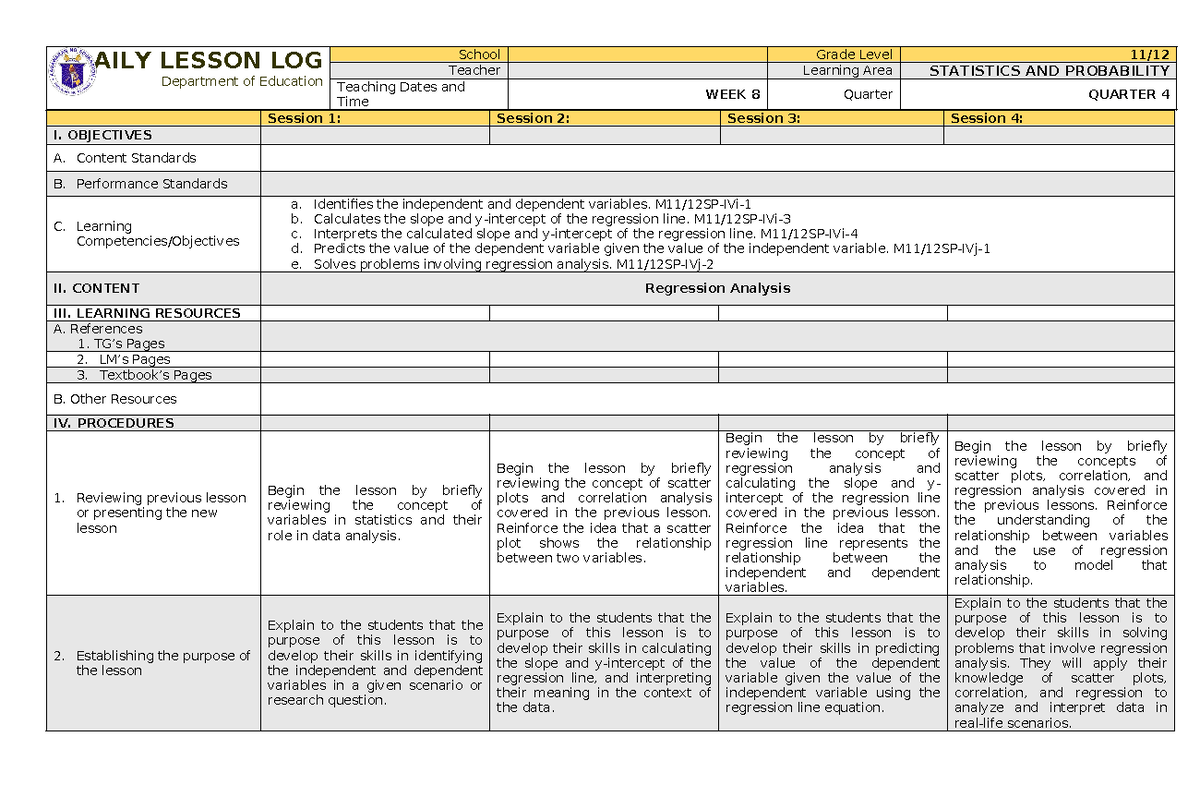 MELC BASED Stats & PROB Q4 WEEK8 - DAILY LESSON LOG Department of ...