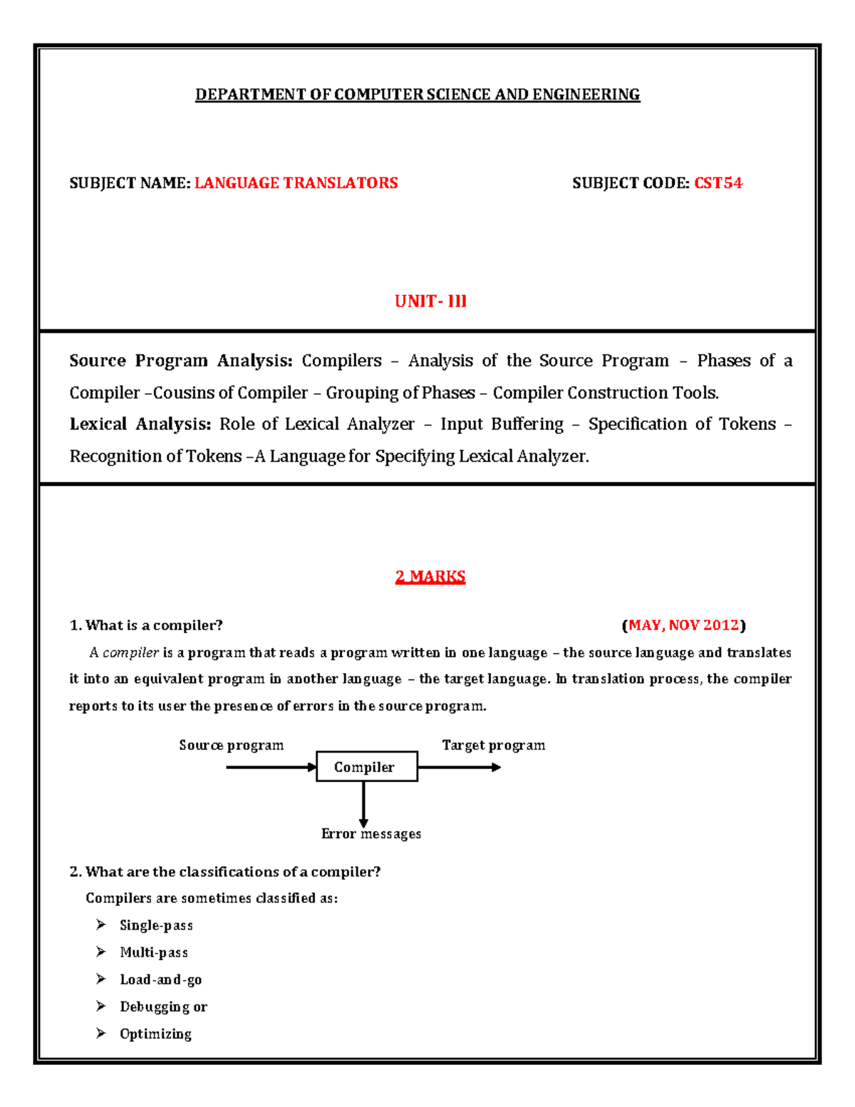Lt U3 Source Program Analysis Compilers Analysis Of The Source Program Phases