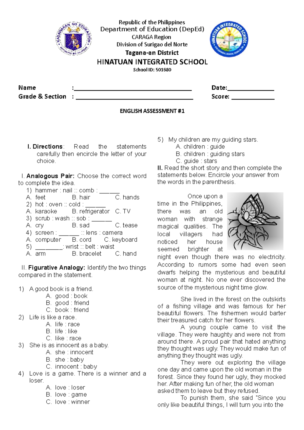 Assessment TEST#1 - Republic of the Philippines Department of Education ...