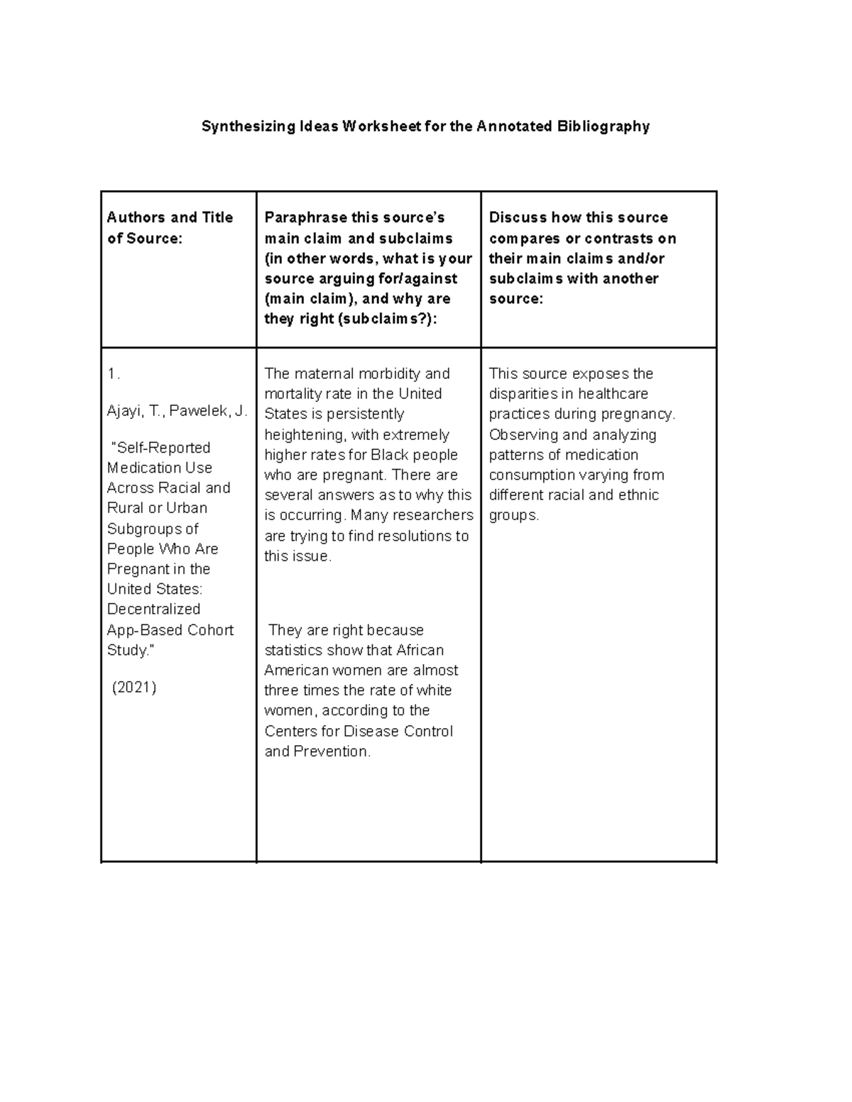Copy of Writ 111 synthesis ideas - Synthesizing Ideas Worksheet for the ...