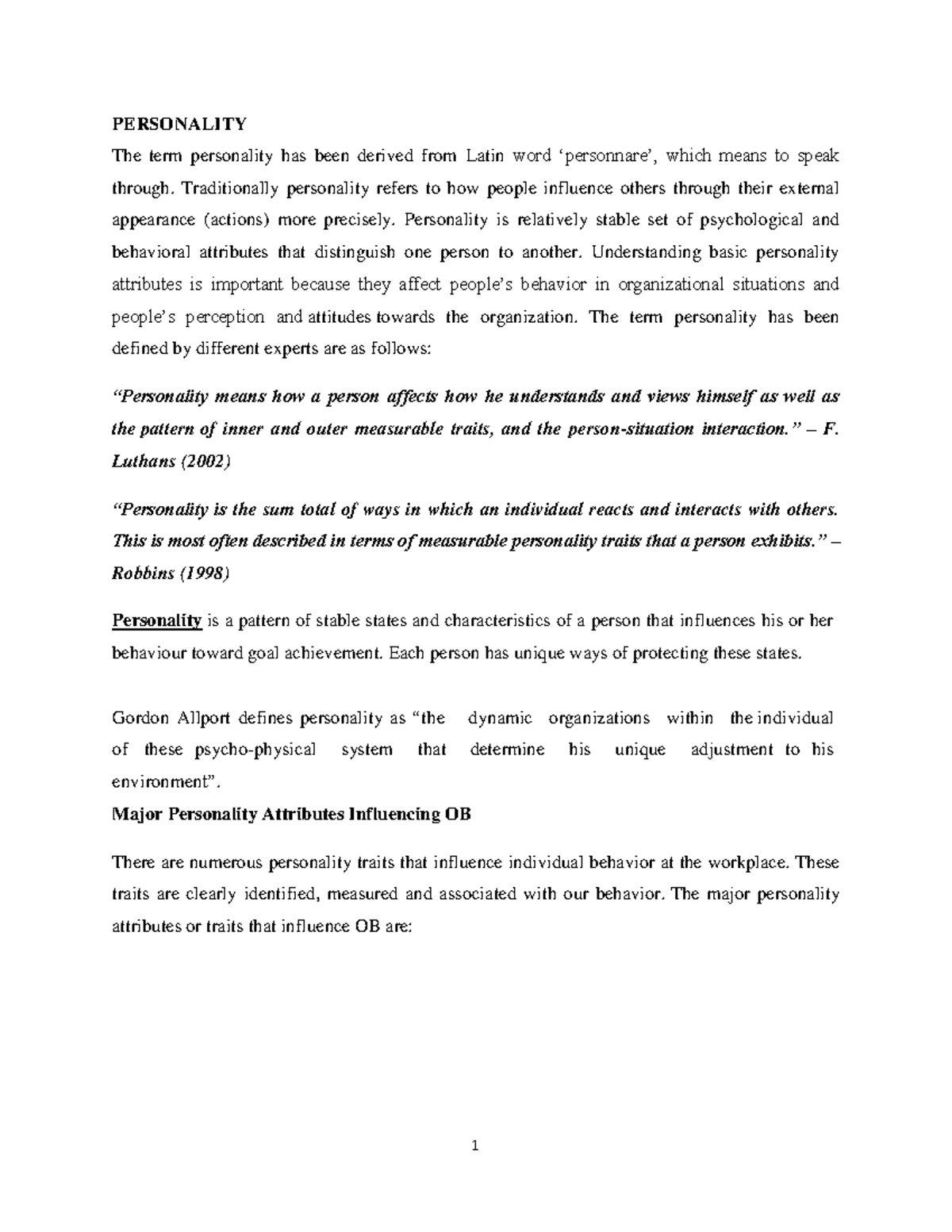 Topic 3 Notes - Well summarizes descriptive materials - PERSONALITY The ...