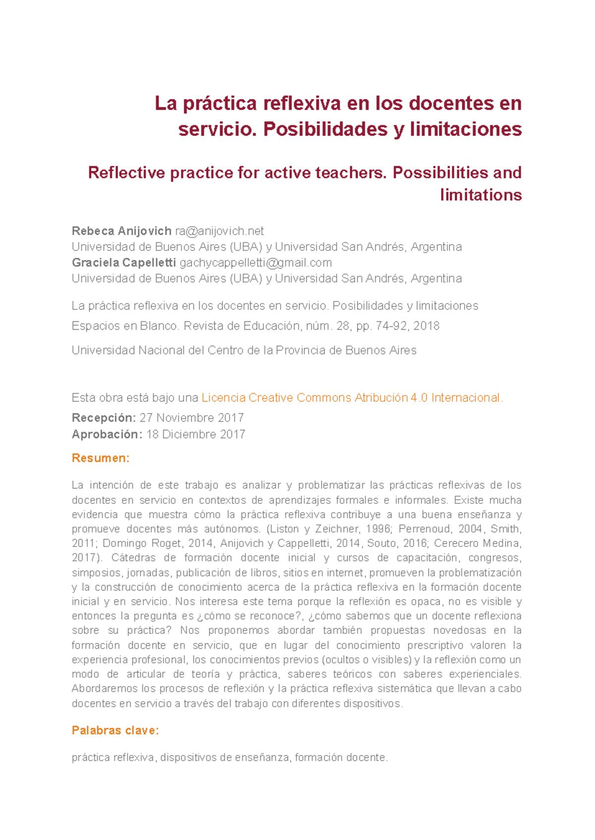 La práctica reflexiva en los docentes en servicio - Posibilidades y ...