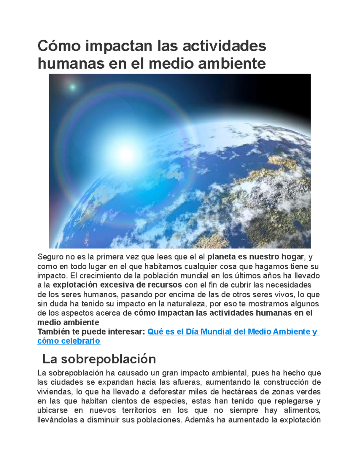 Cómo impactan medio ambiente - Cómo impactan las actividades humanas en ...