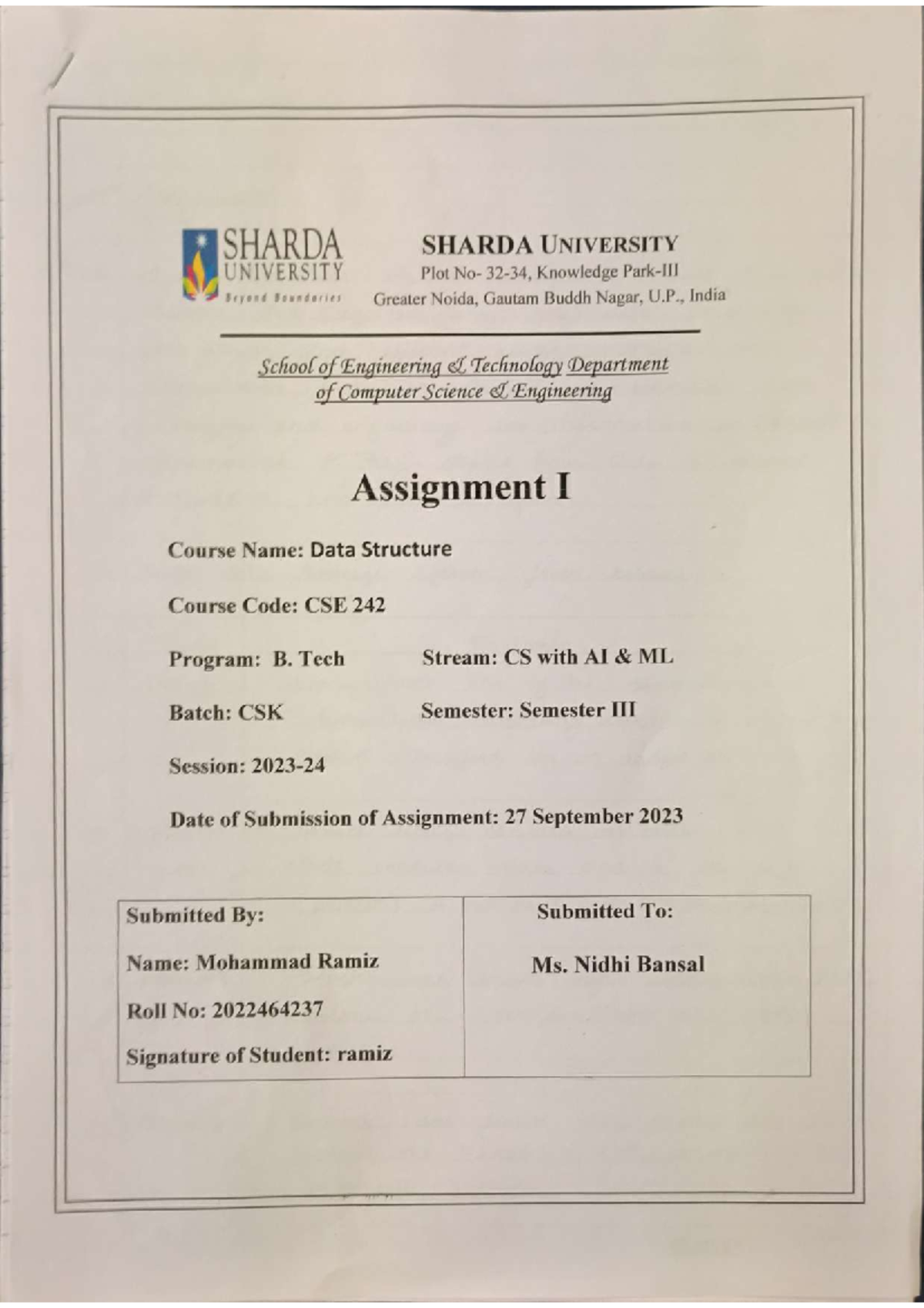 Assignment 1 Data Structure CSK Mohammad Ramiz 2022464237 compressed - Computer science - Studocu