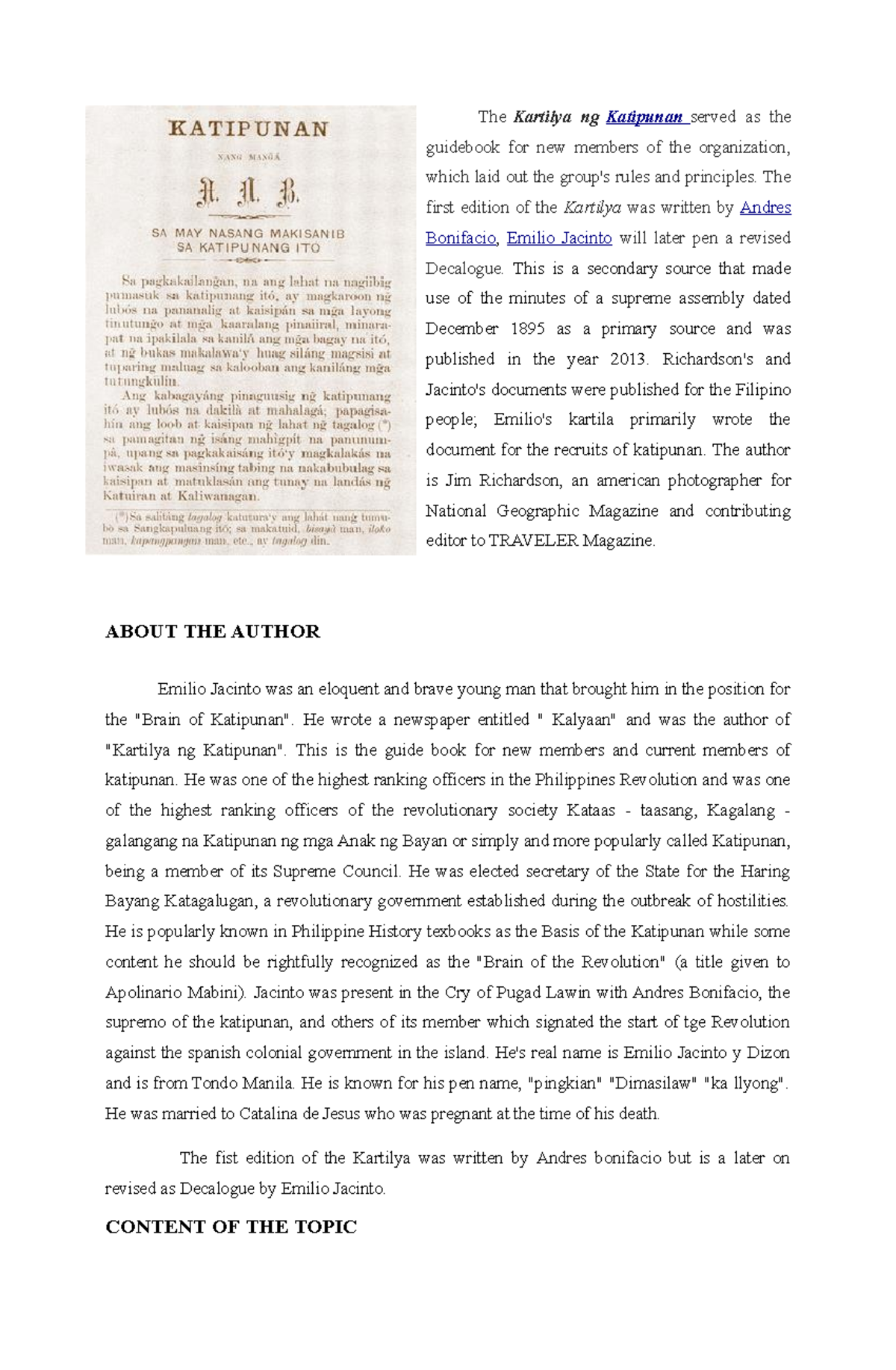 Kartilya-ng-katipunan - ABOUT THE AUTHOR The Kartilya ng Katipunan ...