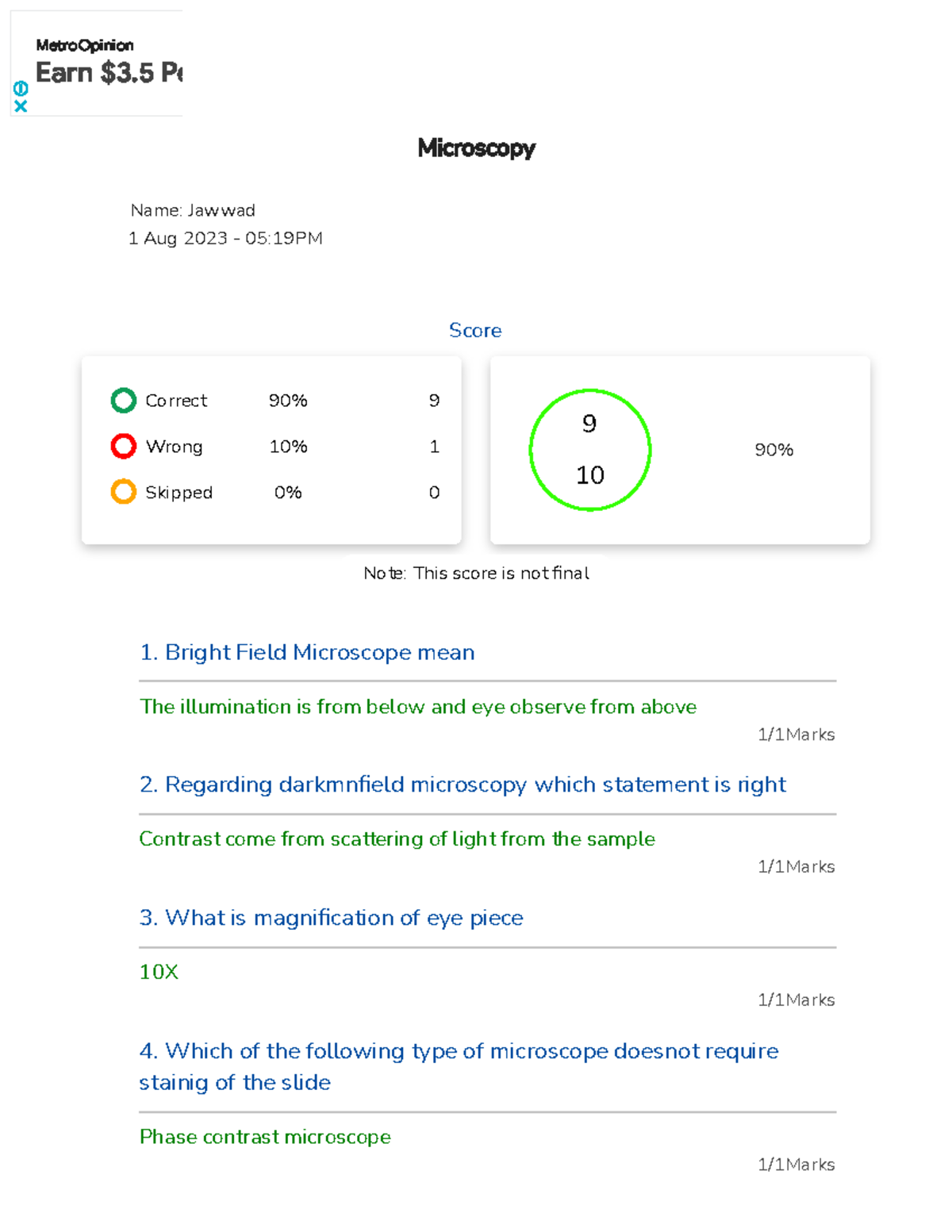 Answer-Sheet (12) - Hjjjj kjmm - Microscopy Name: Jawwad 1 Aug 2023 - 05:19PM Score Correct 90% ...