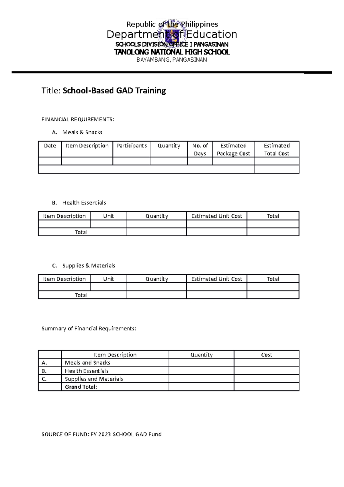 GAD 2023 Financial Requirements - Republic of the Philippines ...