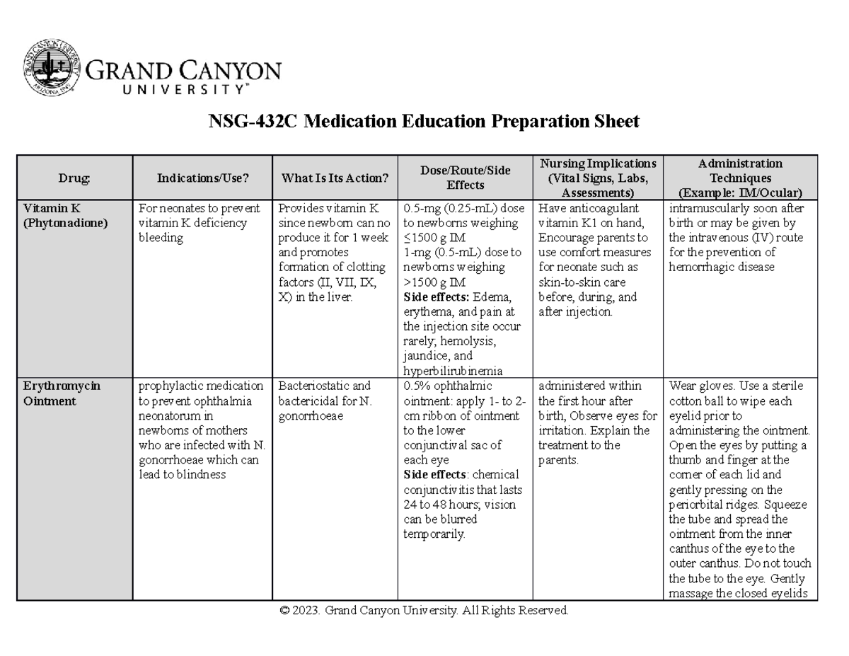 Medication-Preparation-Sheet Lab #1 - NSG-432 - GCU - Studocu