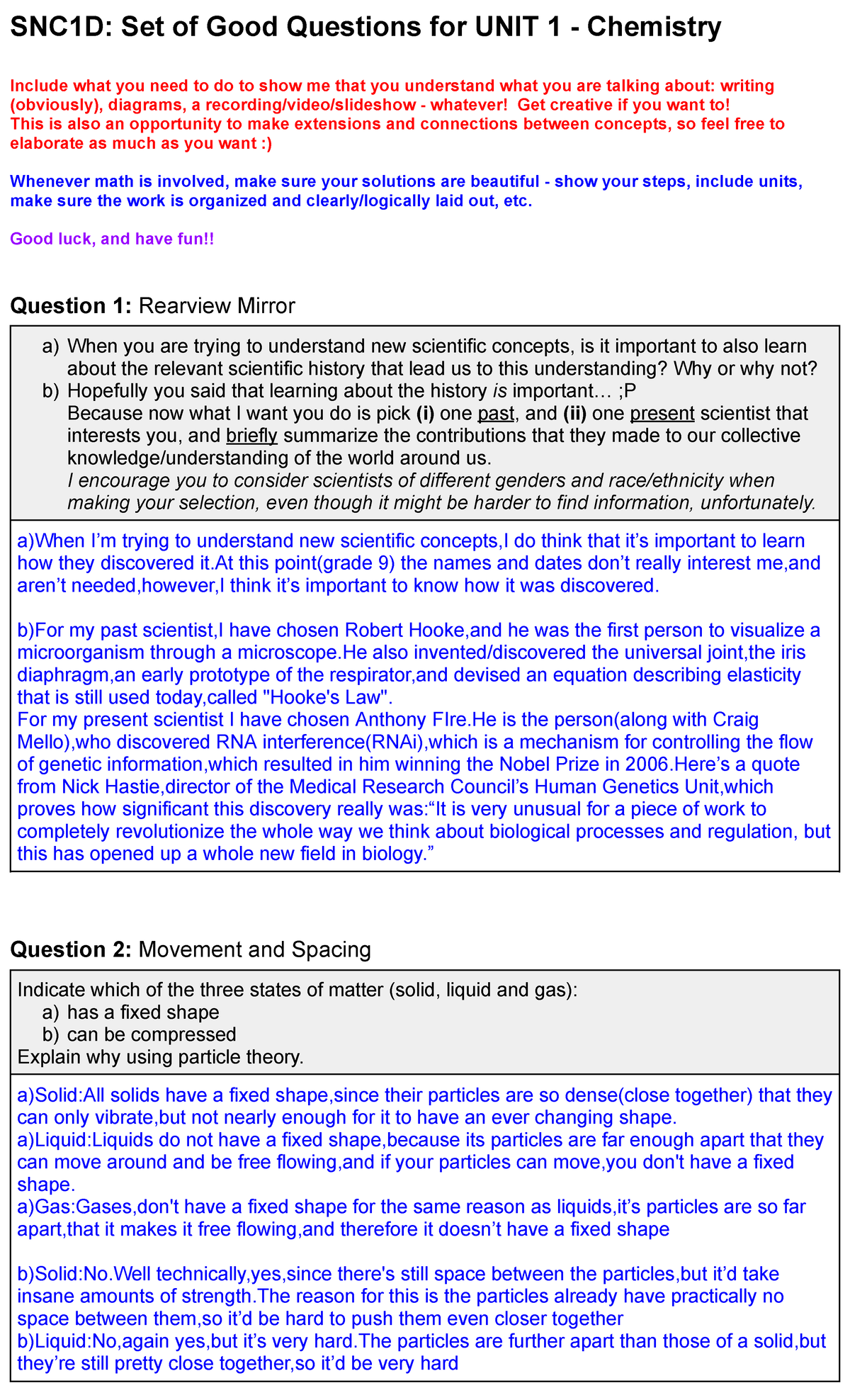 CHM 1311 Practice Questions - SNC1D: Set of Good Questions for UNIT 1 ...