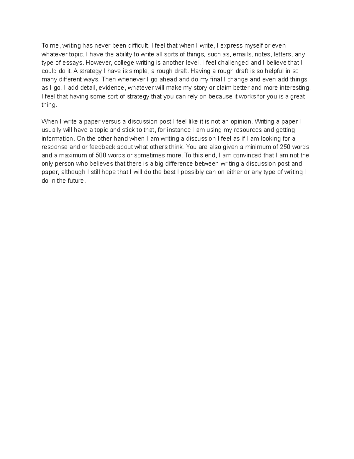 UNIV Discussion Forum Unit 2 - To me, writing has never been difficult ...