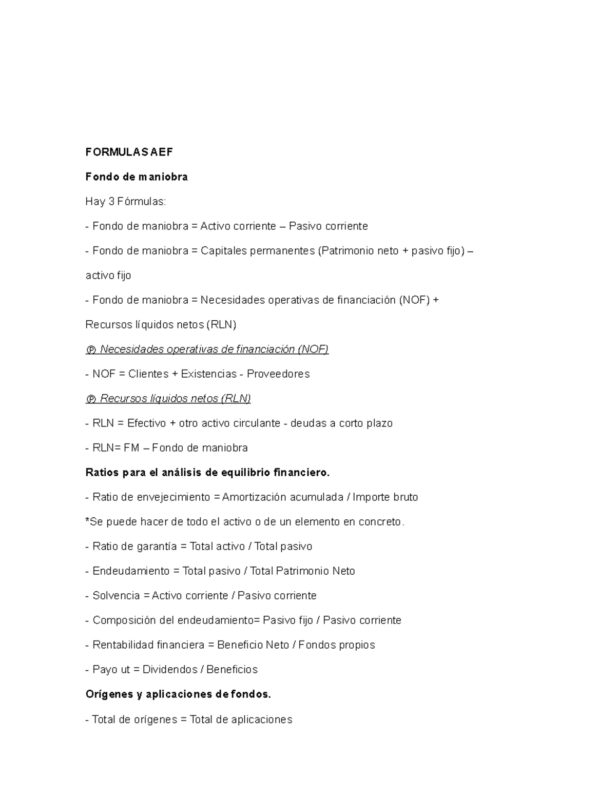 Formulas AEF - Apuntes 1-8 - FORMULAS AEF Fondo de maniobra Hay 3 ...