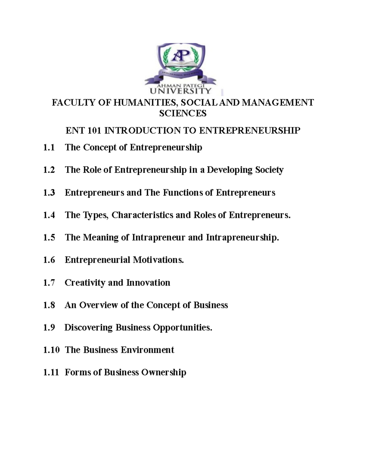 ENT 101 Introduction to Entrepreneurship - FACULTY OF HUMANITIES ...