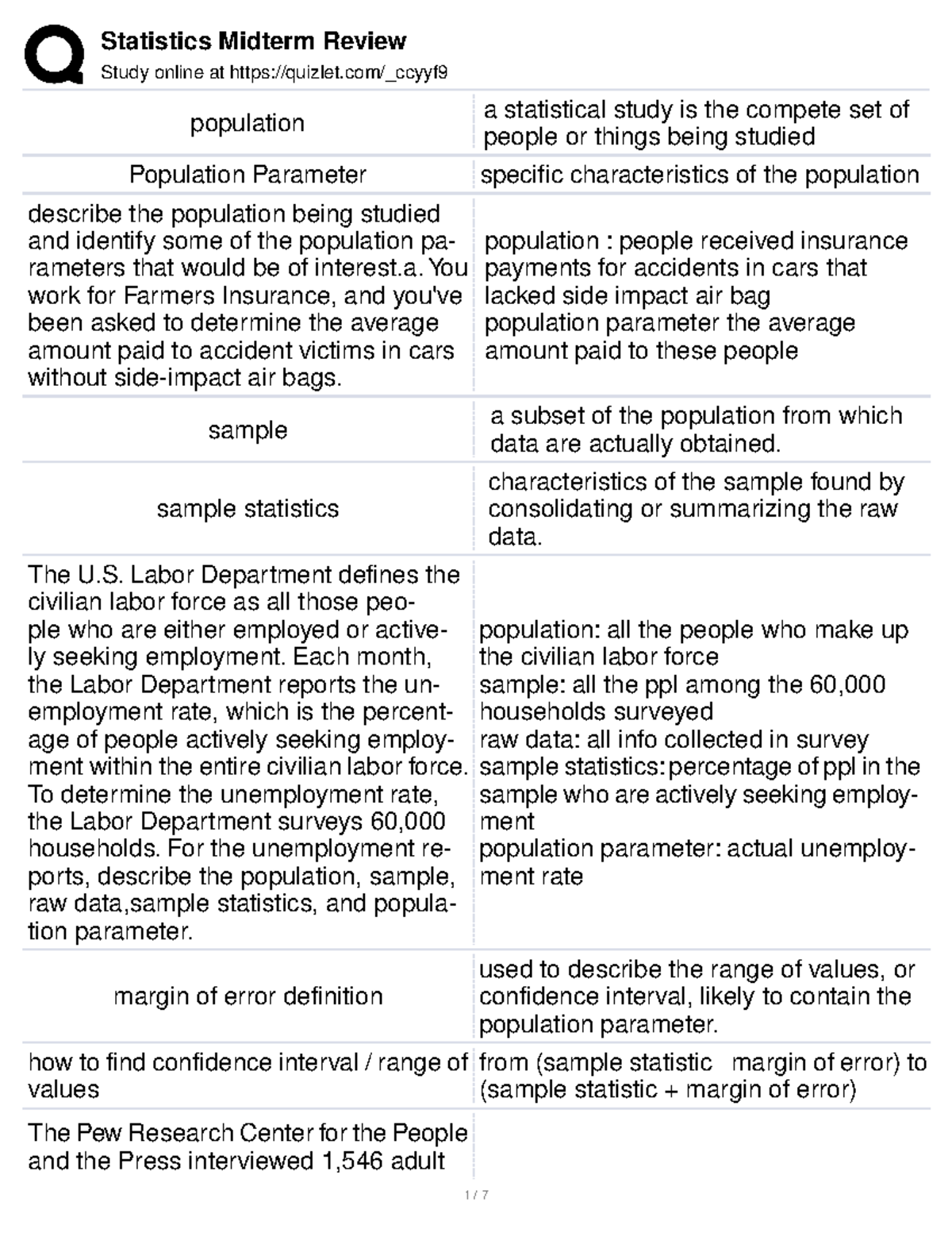 Statistics Midterm Review - Study online at quizlet/_ccyyf population a ...