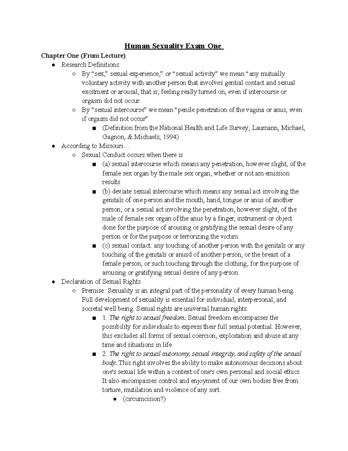 Exam 1 Human Sexuality Class - Human Sexuality Exam One Chapter One ...