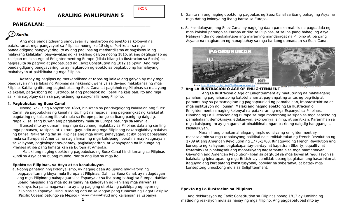 Araling Panlipunan 5 week 3-4 - ARALING PANLIPUNAN 5 PANGALAN: - Studocu