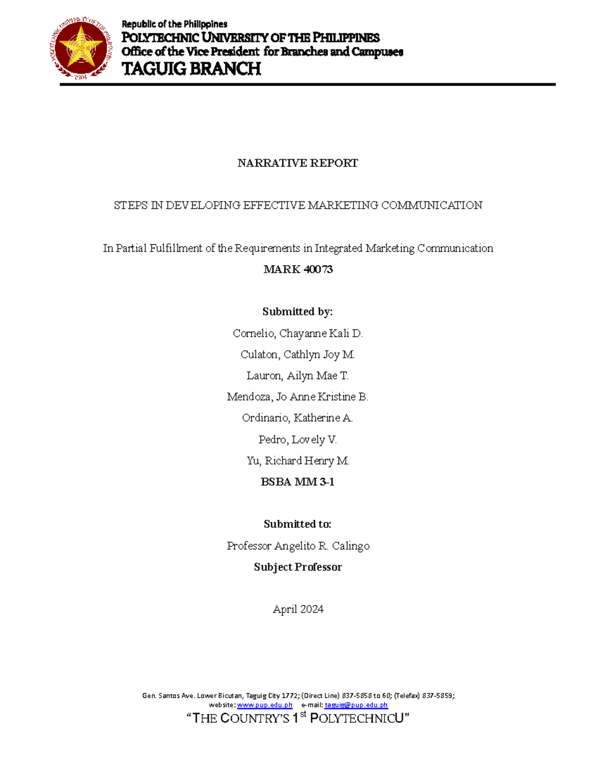 Group 1 IMC Narrative Report - NARRATIVE REPORT STEPS IN DEVELOPING ...