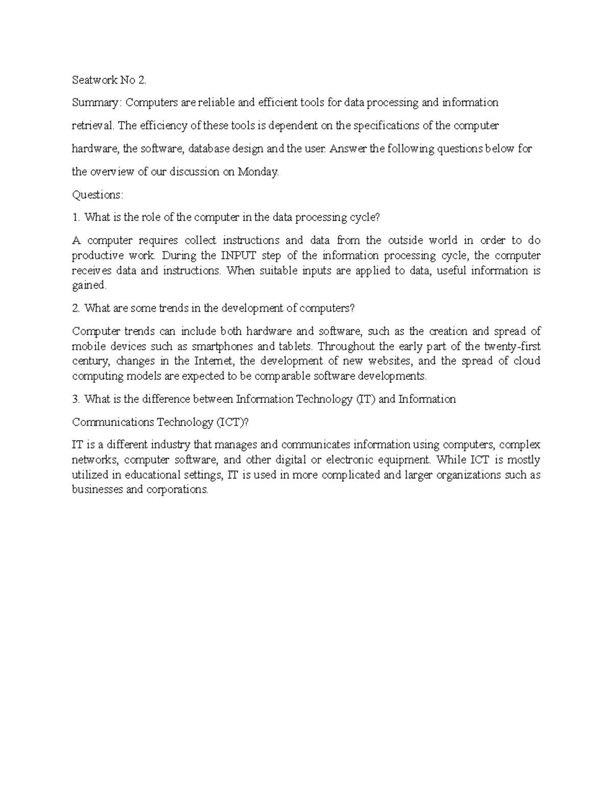 Activity Ite - Assignment in ITE - Seatwork No 2. Summary: Computers ...