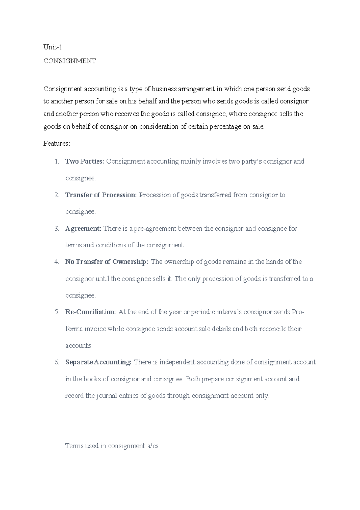 Advanced Accounting Notesconsignment - Unit- CONSIGNMENT Consignment ...