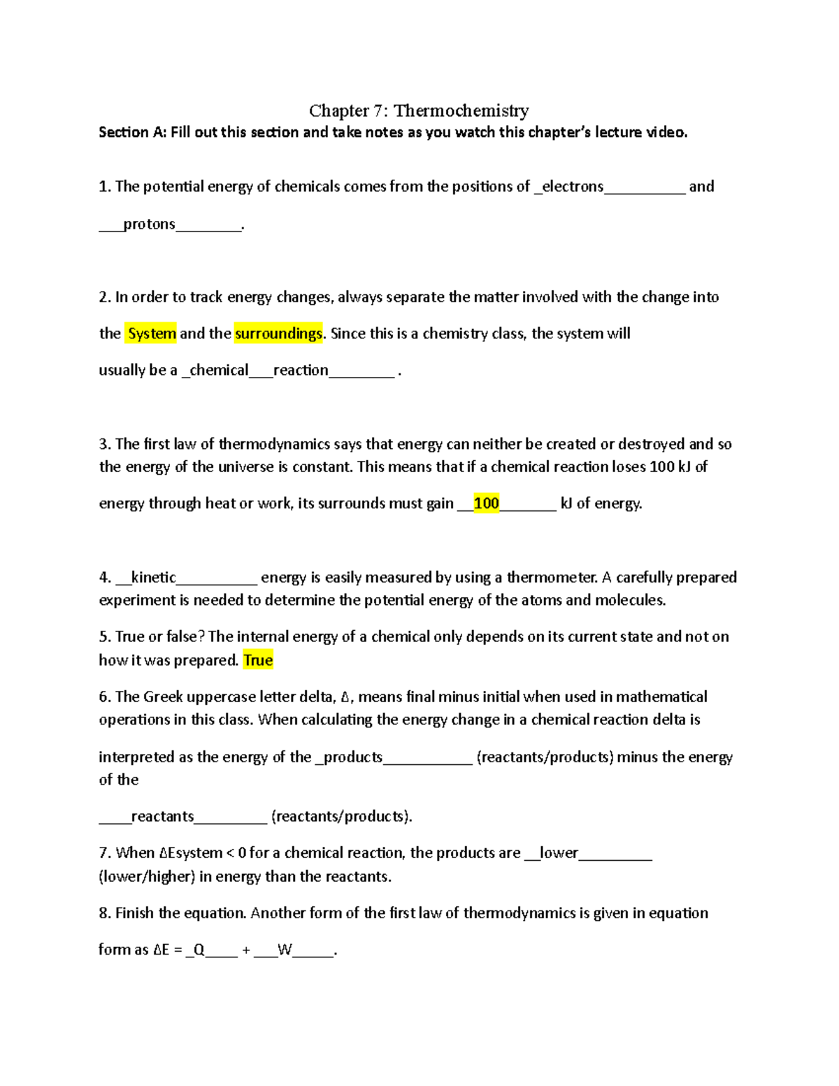 Chapter 7 Worksheet - Chapter 7: Thermochemistry Section A: Fill out ...