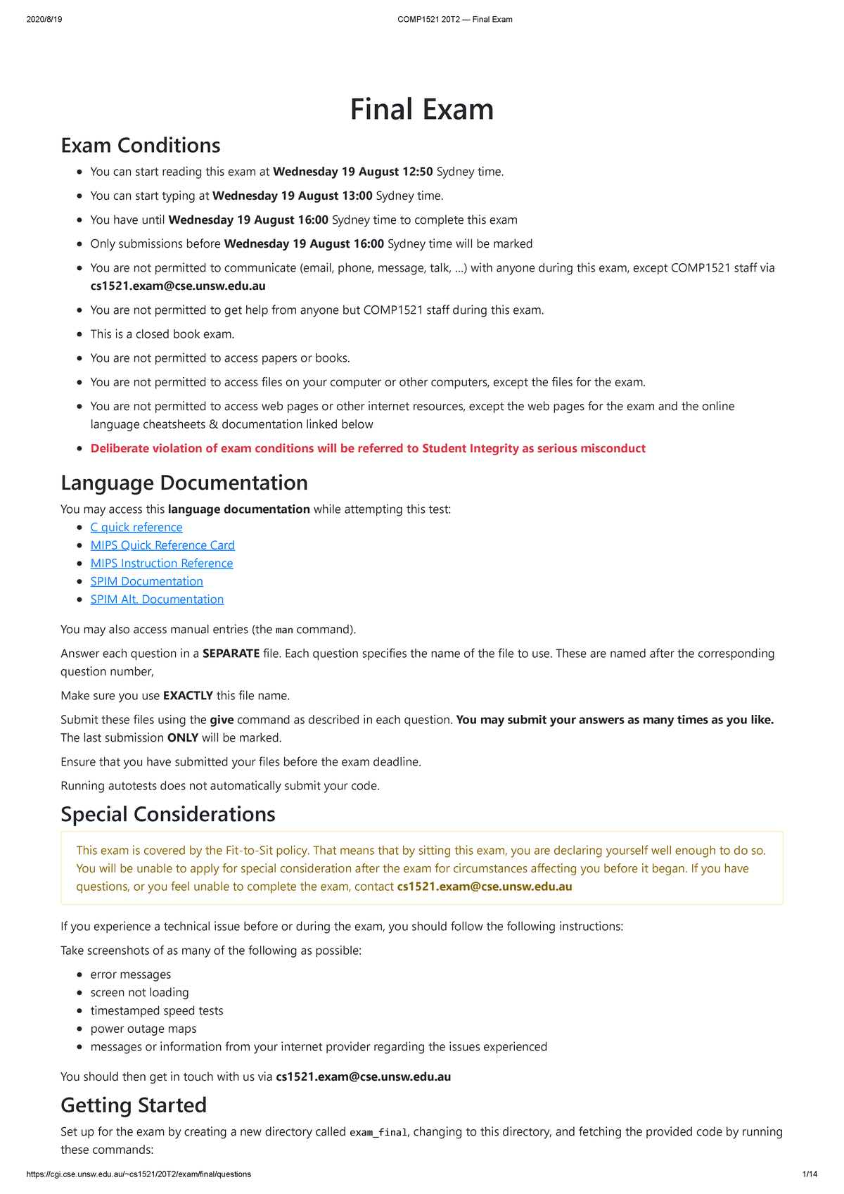 COMP1521 20T2 Final Exam - Final Exam Exam Conditions You can start ...