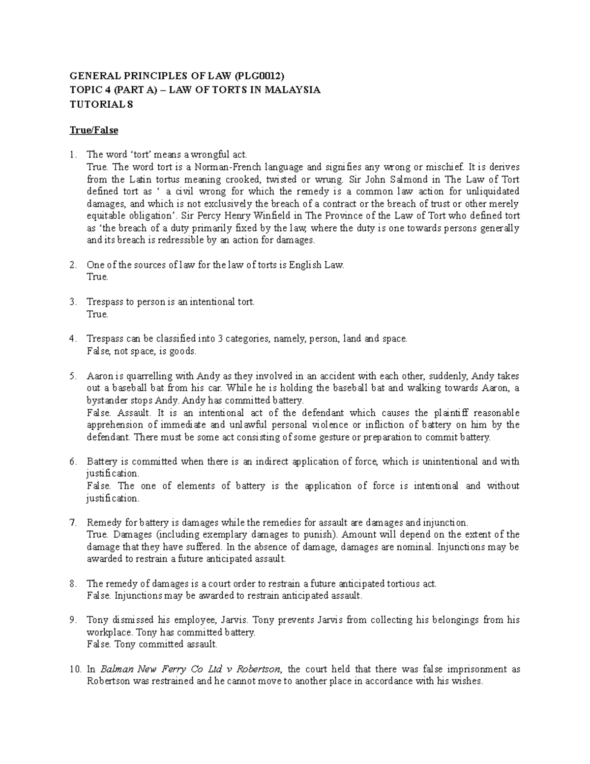 TUT 8 - Topic 4 (PART A) - Answer for gpol - GENERAL PRINCIPLES OF LAW ...