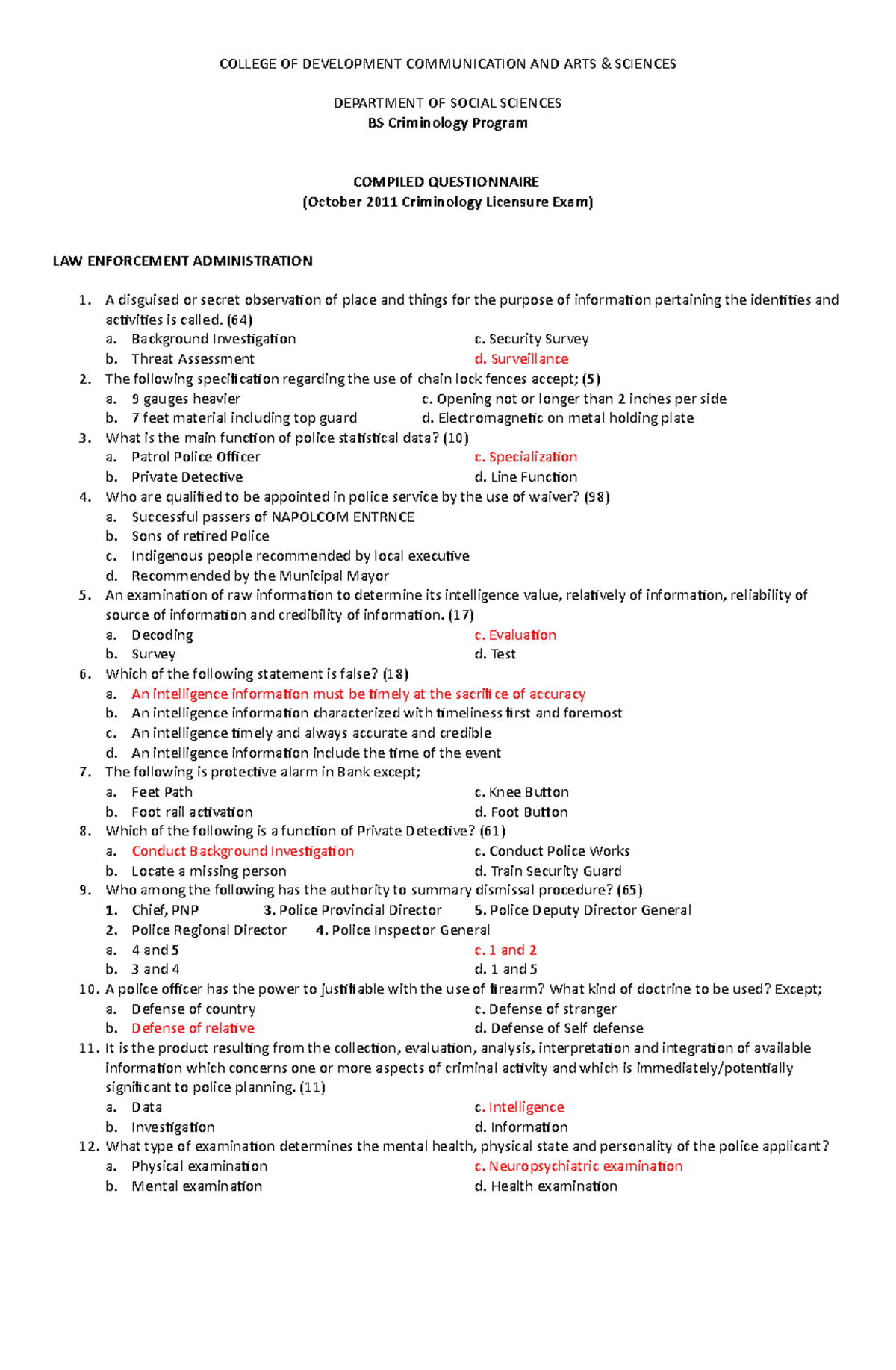 Compiled questionnaire- board exam October 2011 - COLLEGE OF ...