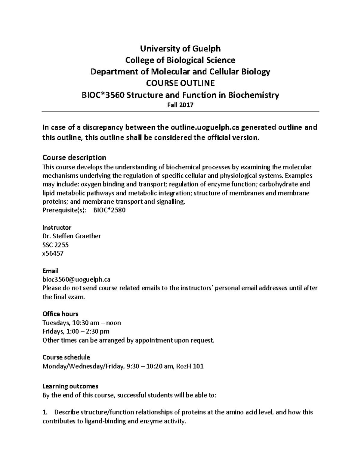 BIOC3560 AODA - Outline - University of Guelph College of Biological Science Department of ...