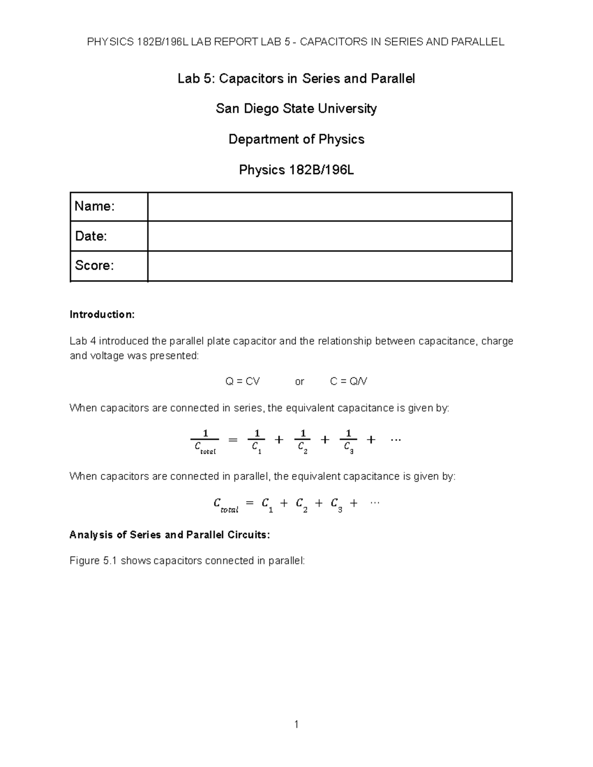 Lab 5: Capacitors in Series and Parallel - Lab 5: Capacitors in Series ...