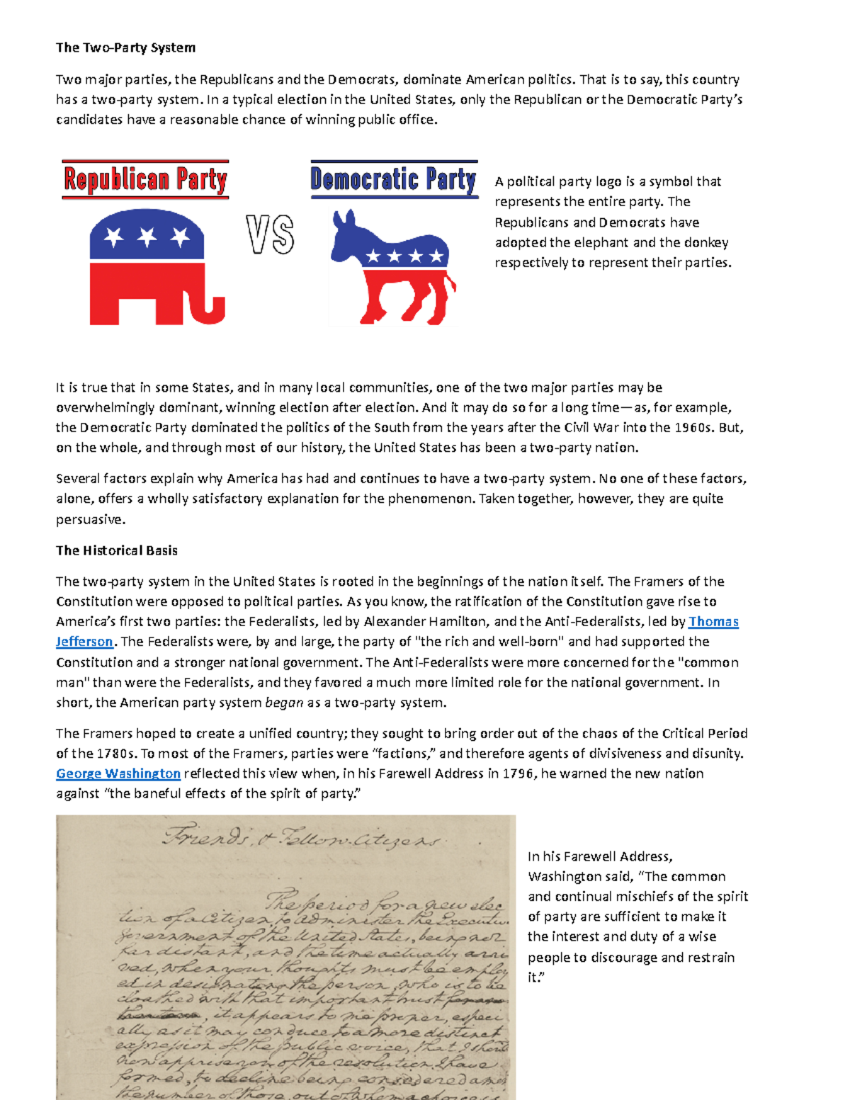 The Two Major Political Parties- Reading & Qs - The Two-Party System ...