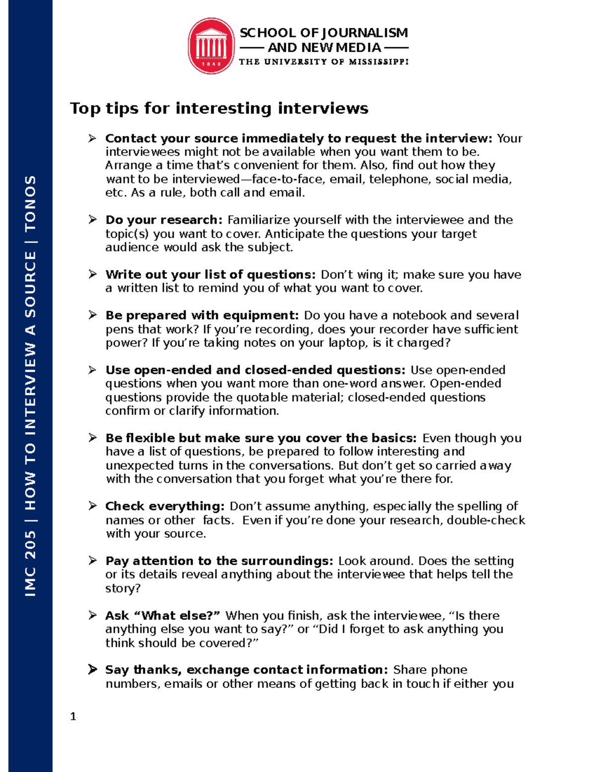 Top tips for interviews - SCHOOL OF JOURNALISM AND NEW MEDIA Top tips ...