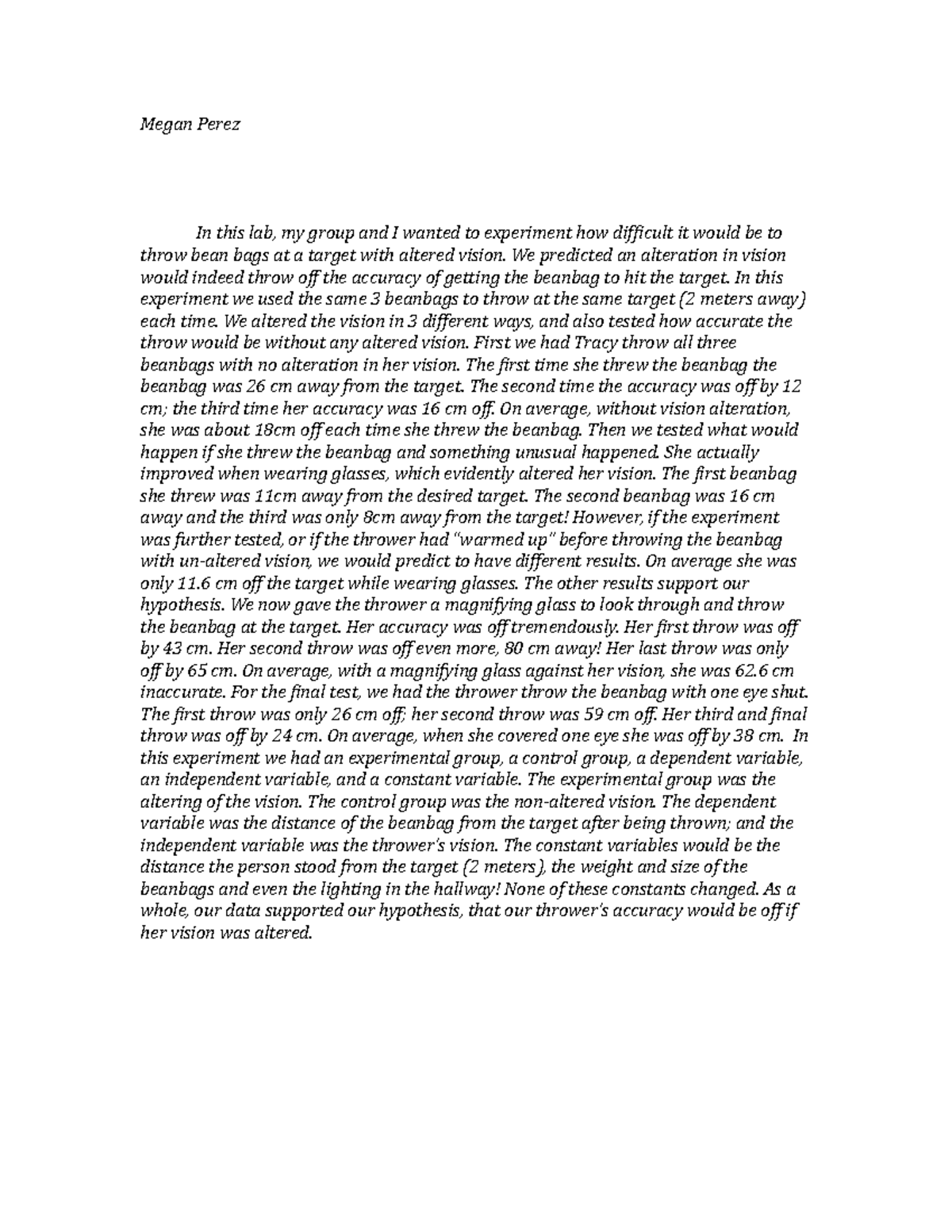 Bio 101 Lab Unit 1 Write Up - Megan Perez In this lab, my group and I ...
