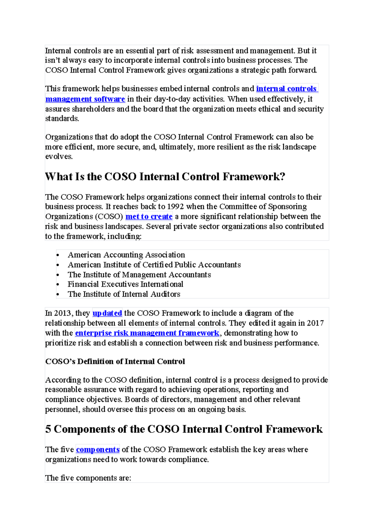 COSO Framework - to aid in research - Internal controls are an ...