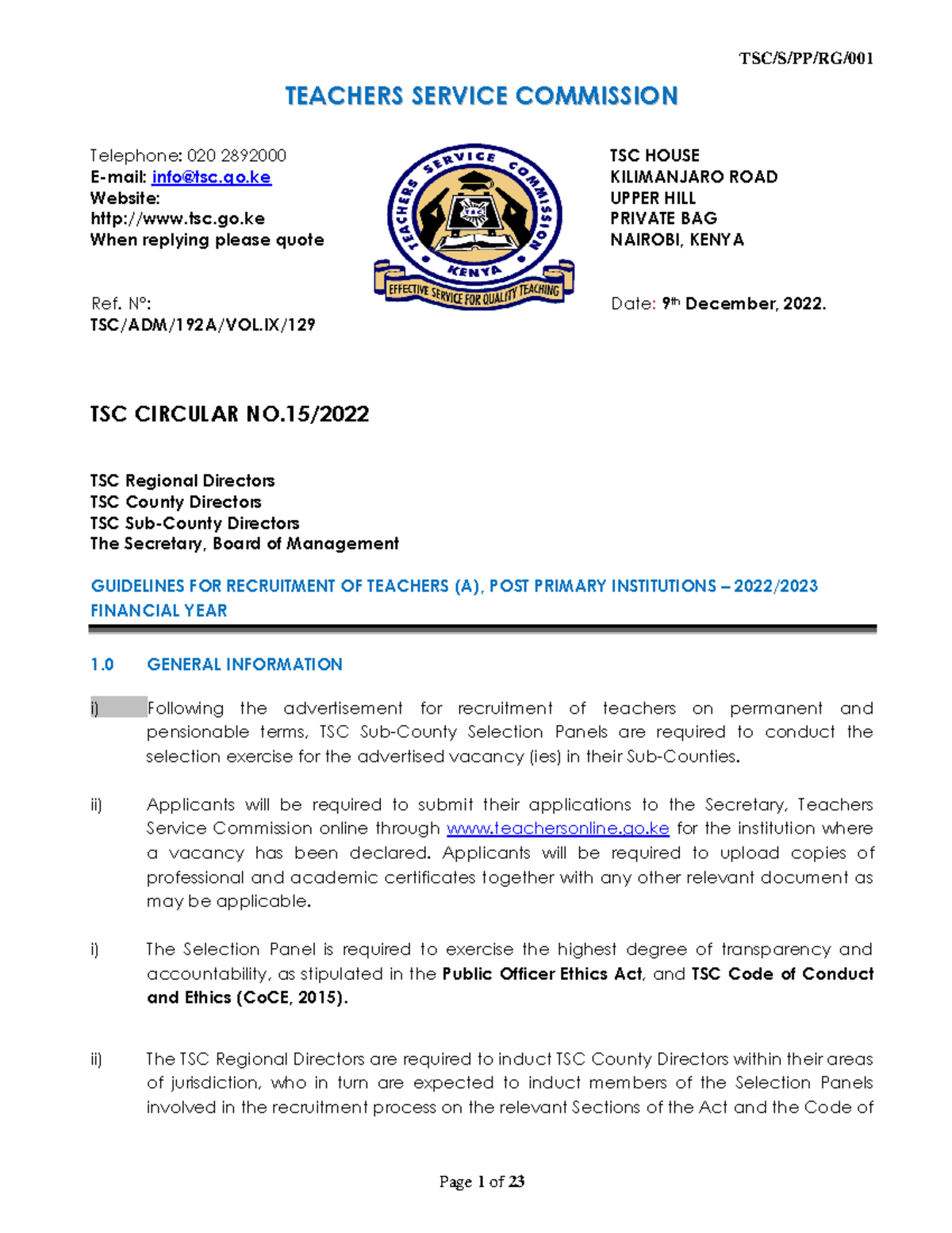Guidelines - PP- POST Primary 9 - T TEEAACCHHEERRSS SSEERRVVIICCEE ...