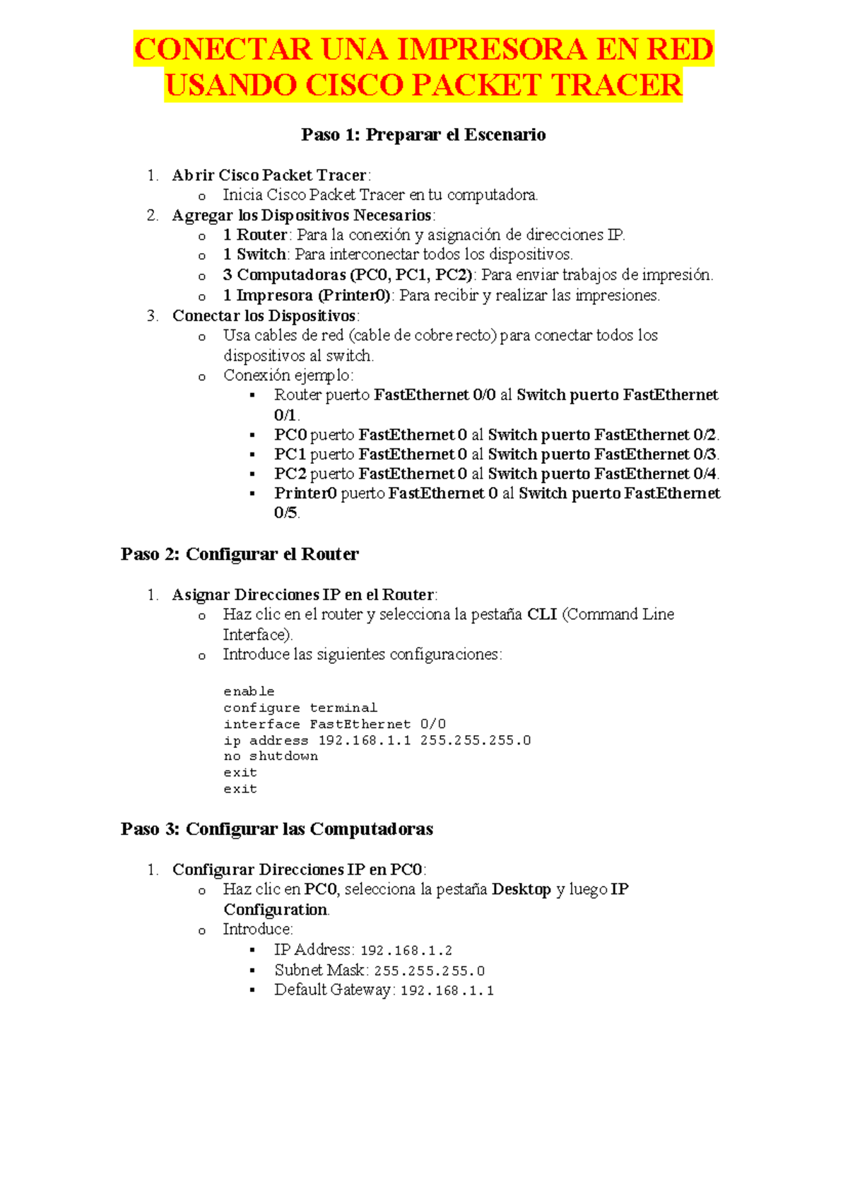 Conectar UNA Impresora EN RED Usando Cisco Packet Tracer - CONECTAR UNA IMPRESORA EN RED USANDO ...