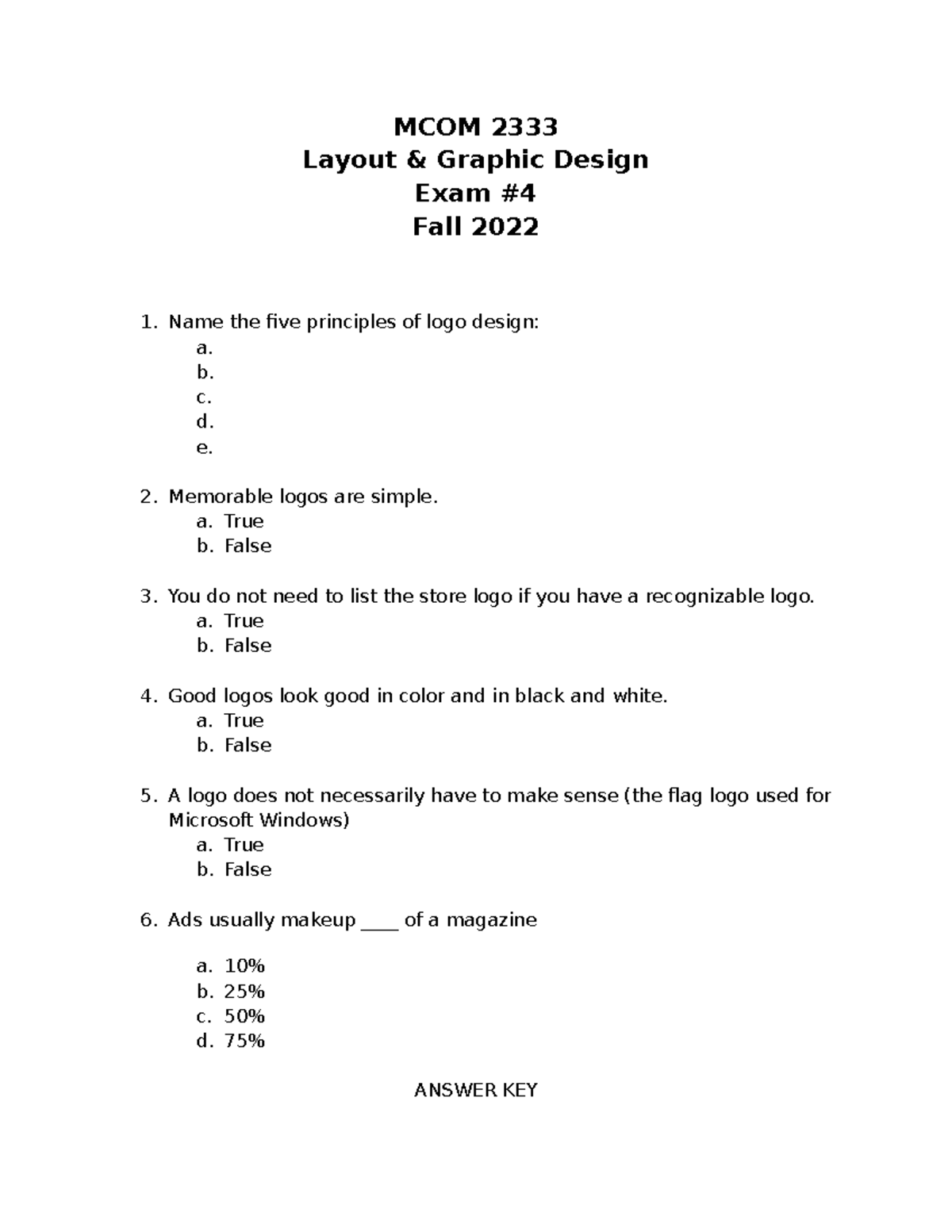 MCOM 2333-Exam 4-FA22 - Practice exam 4 for layout and graphic design ...