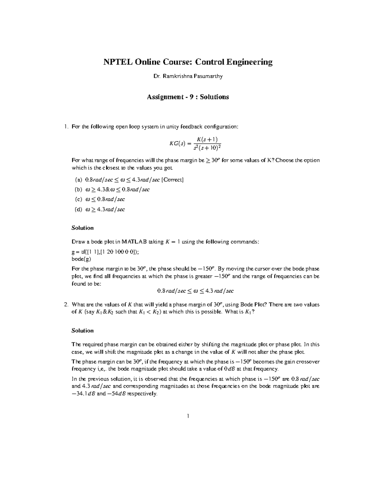 Week 9 assignment and solutions - NPTEL Online Course: Control Engineering Dr. Ramkrishna ...