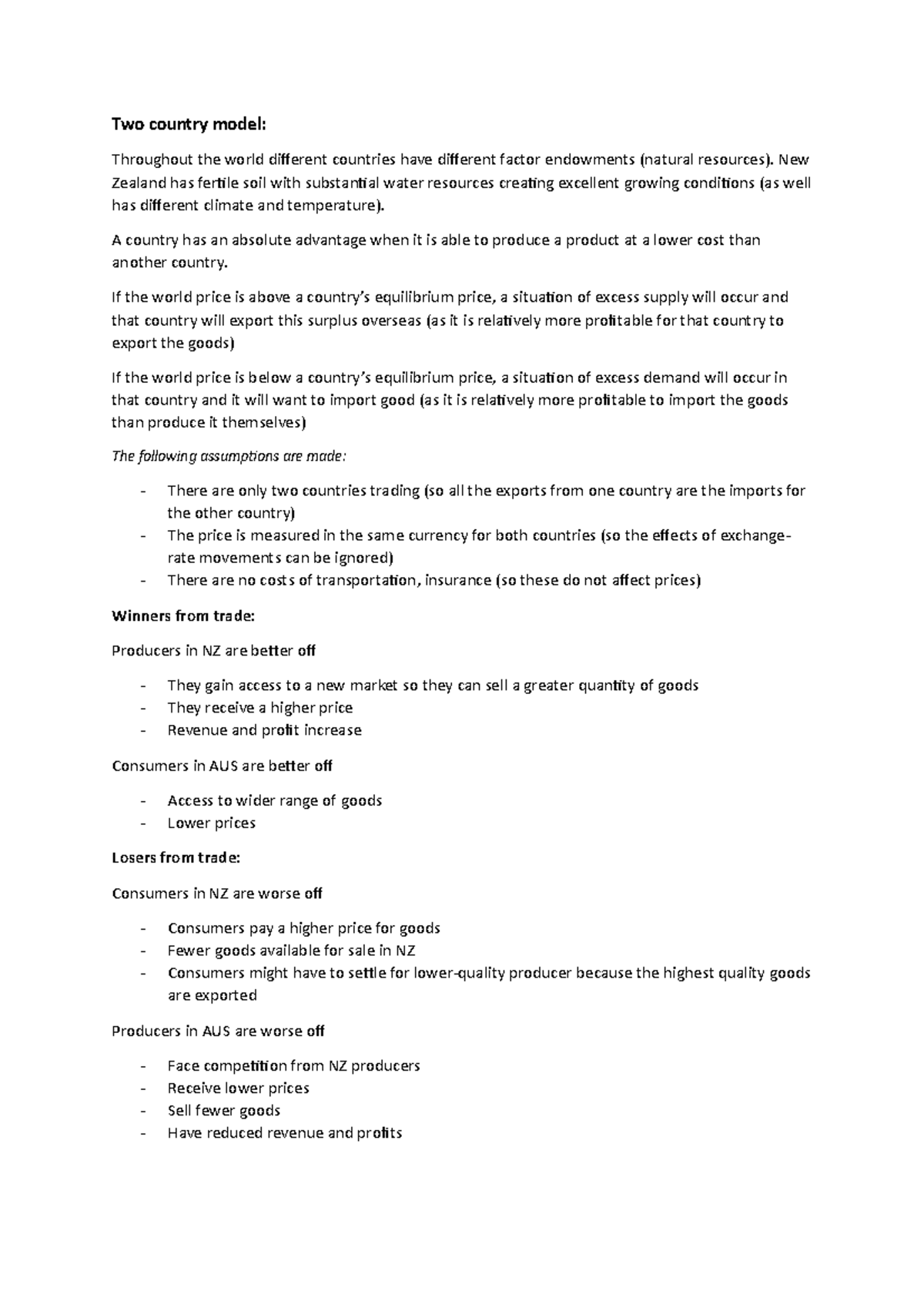 Trade - ncea lv 2 - Two country model: Throughout the world different ...