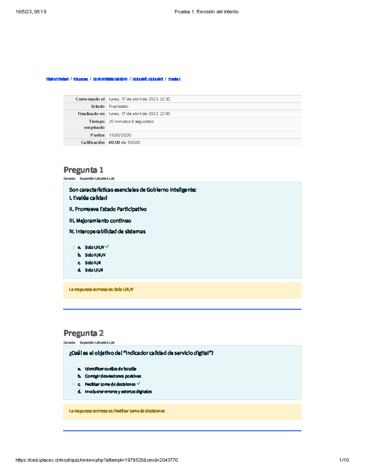 Prueba 1 Revisión del intento - Página Principal / Mis cursos / 23-1B-MIE8006-100-05-BI / 10 de ...