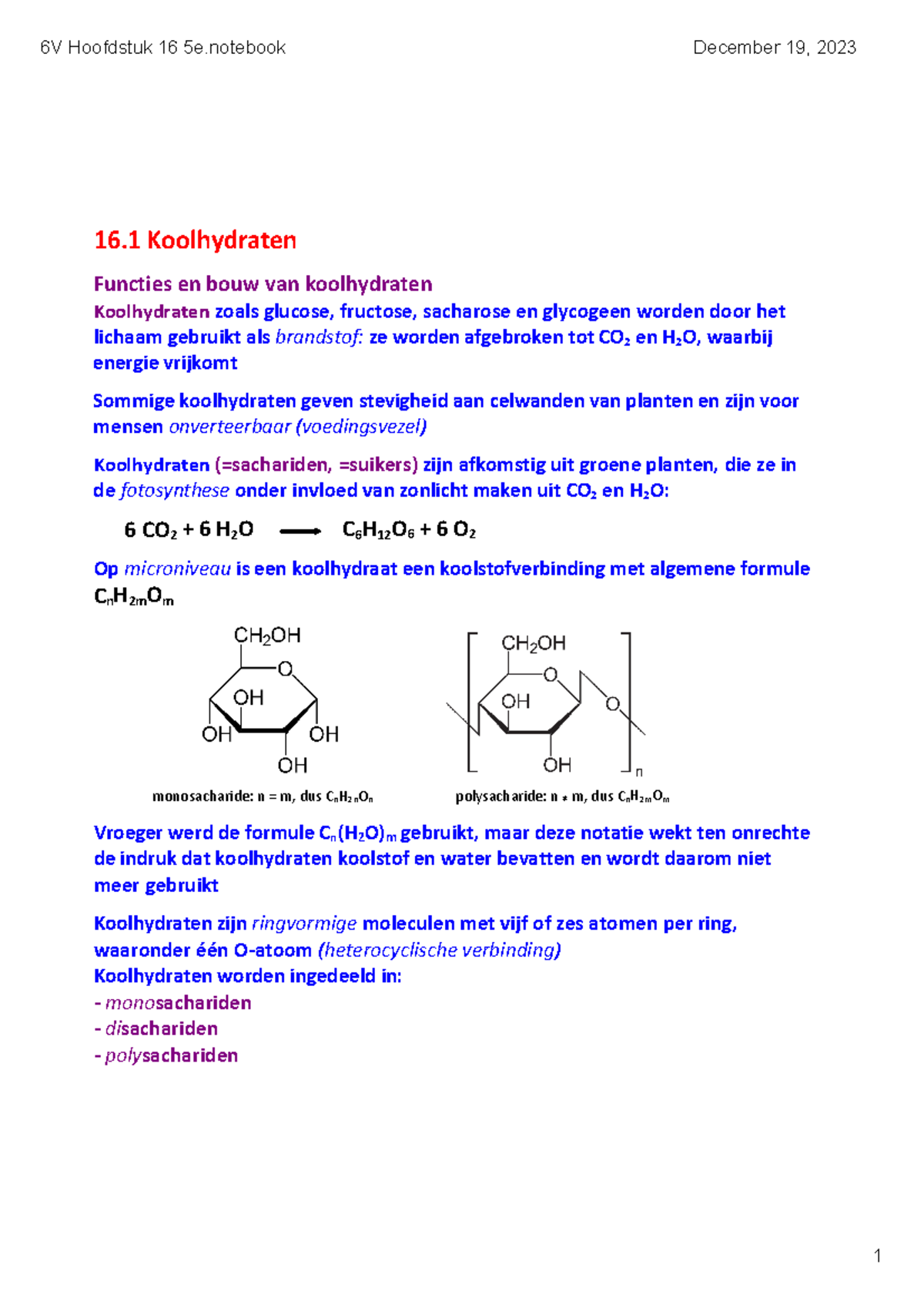 6V schk Hoofdstuk 16 - 16 Koolhydraten Functies en bouw van ...