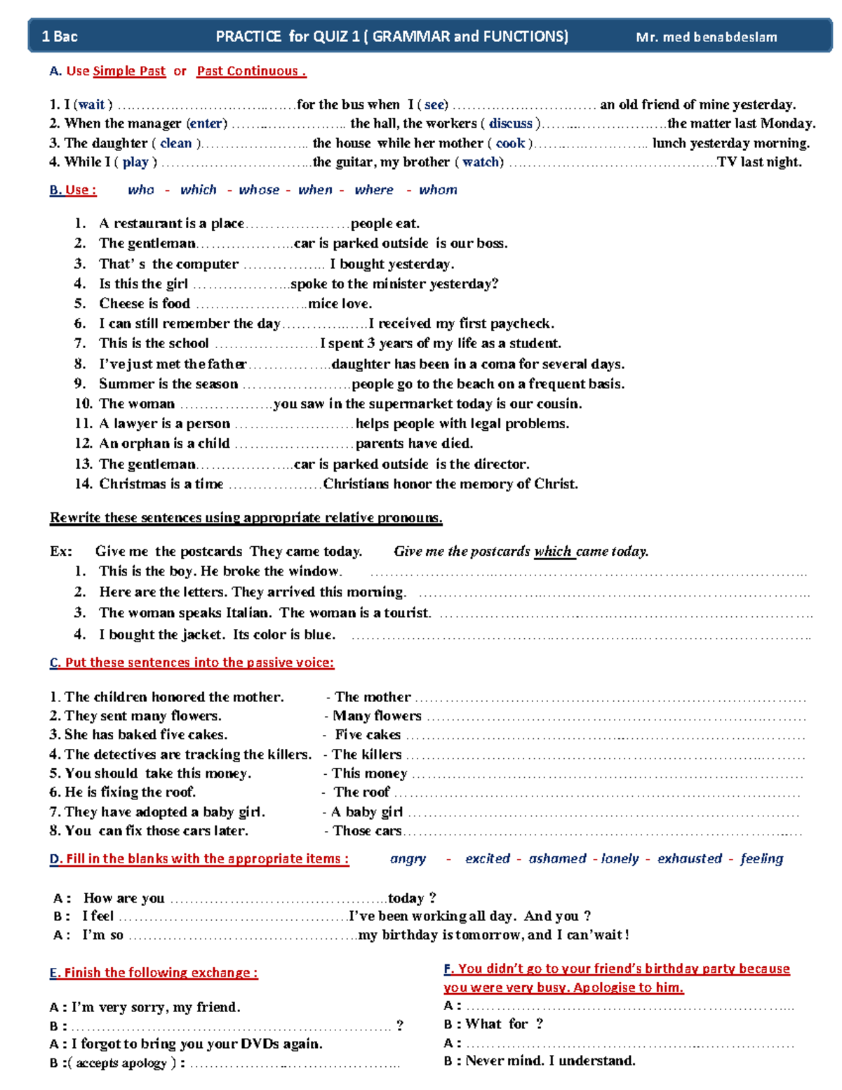 Ilide - Teacher of English - A. Use Simple Past or Past Continuous. I ...