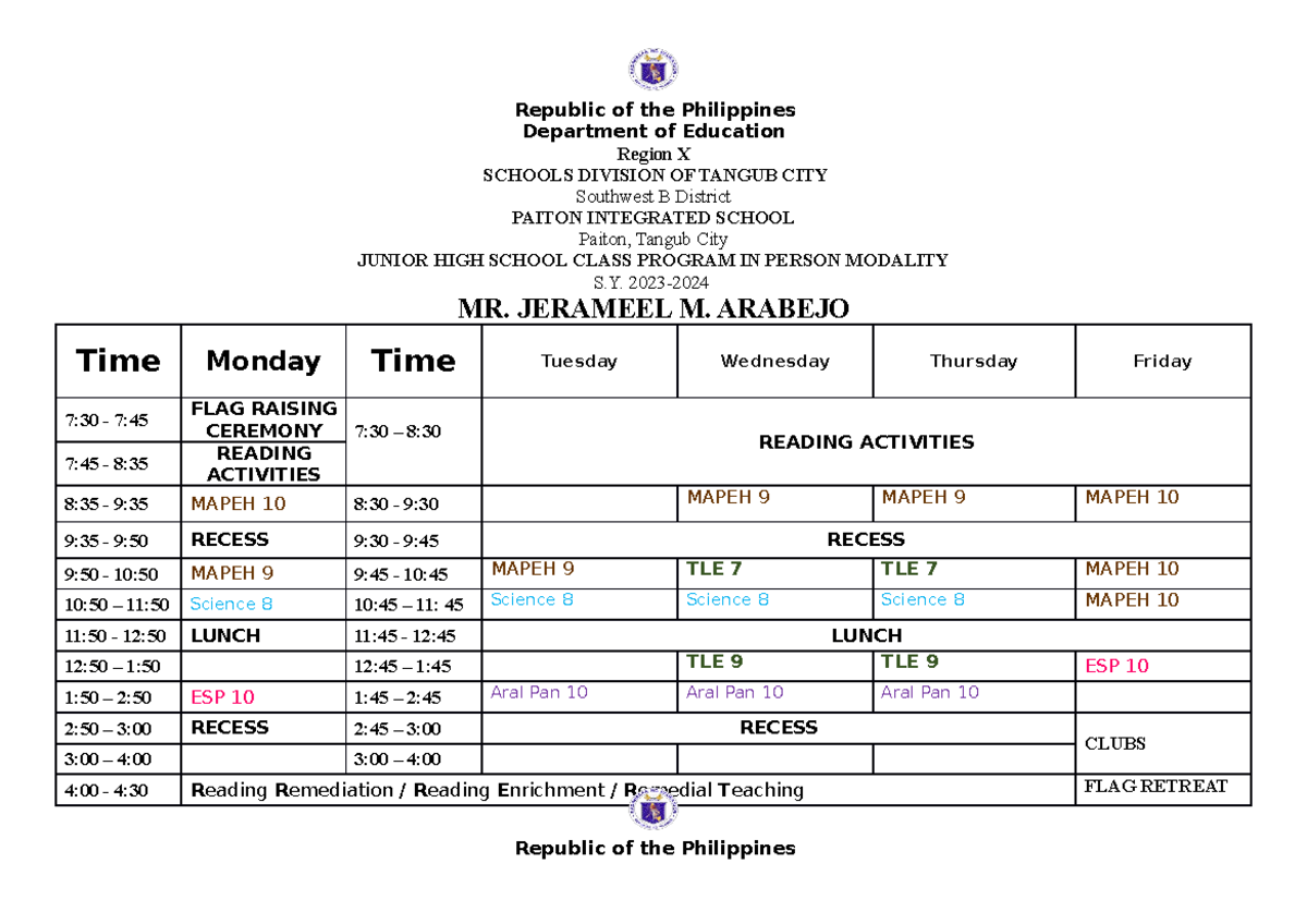Class program 23 24 - Republic of the Philippines Department of ...