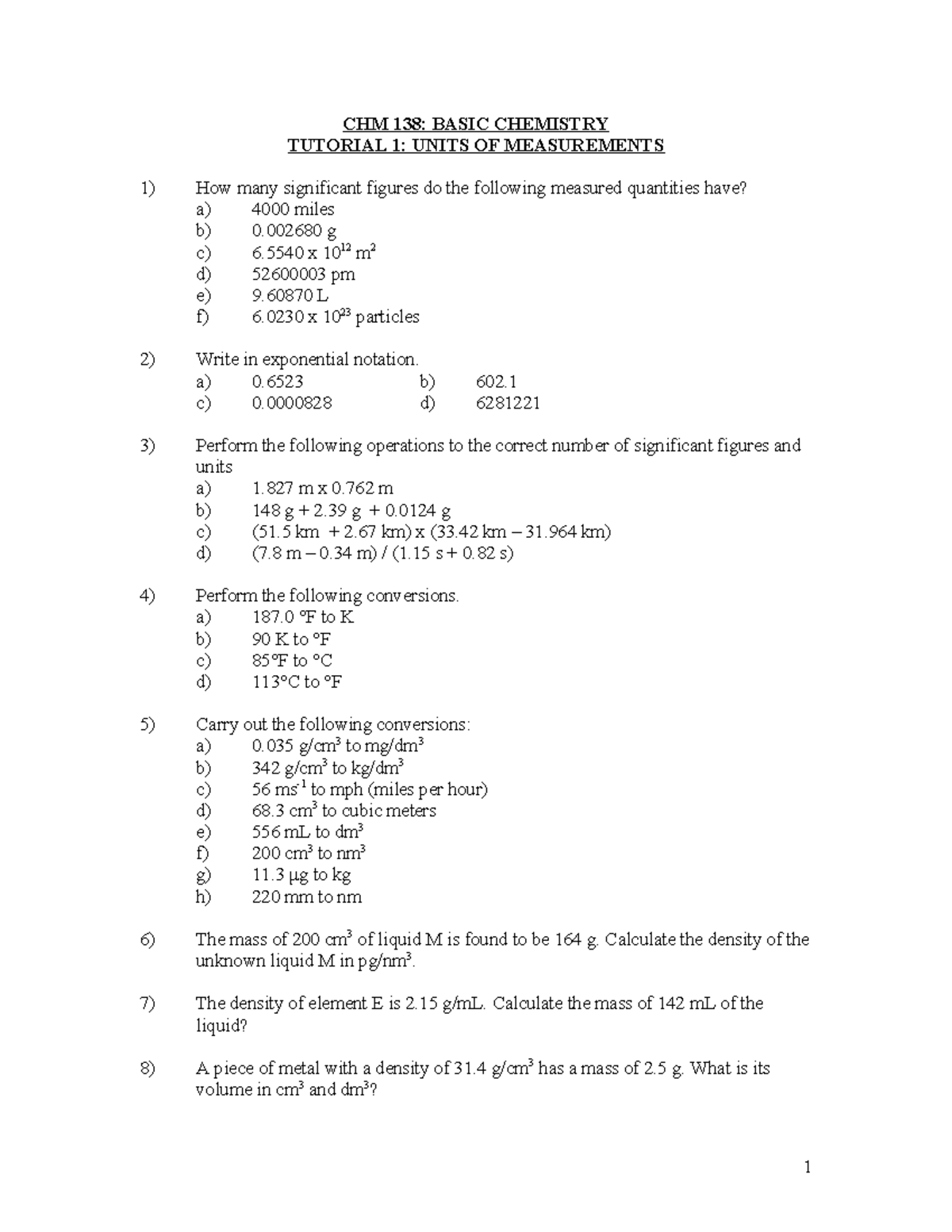 Tutorial Chapter 1 - CHM 138: BASIC CHEMISTRY TUTORIAL 1: UNITS OF ...