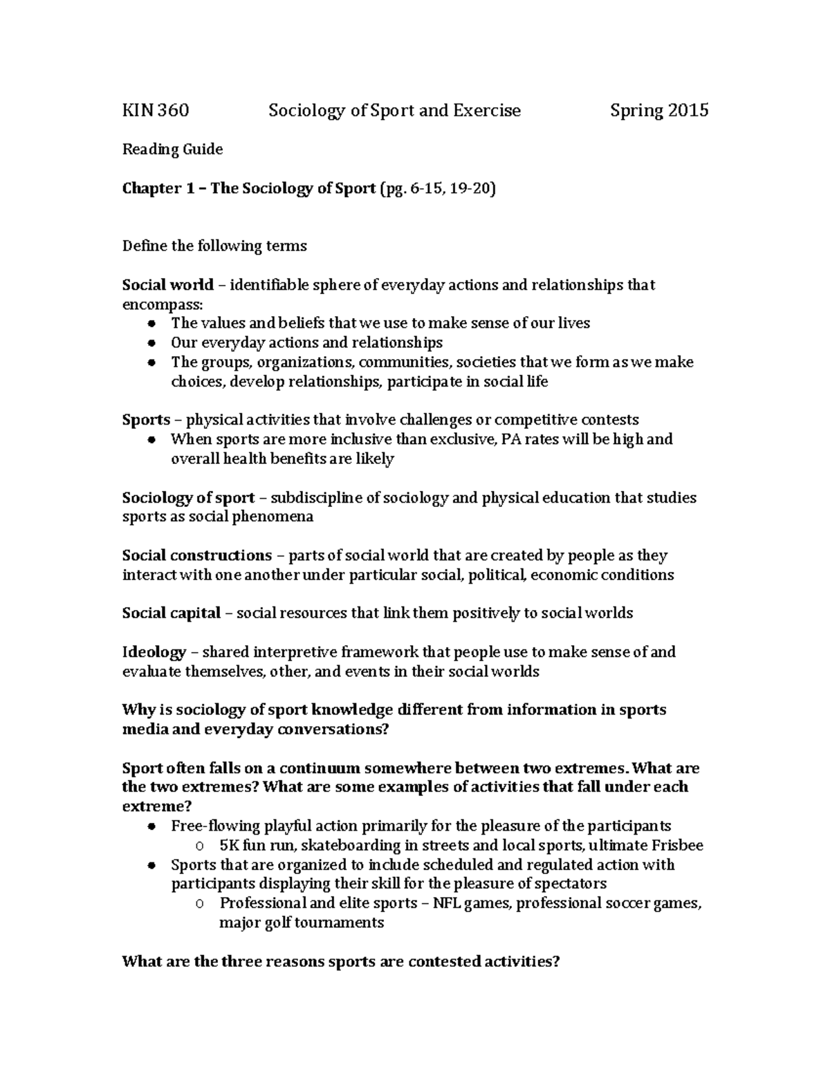 KIN 360 - Ch. 1 Reading Guide - KIN 360 Sociology of Sport and Exercise ...
