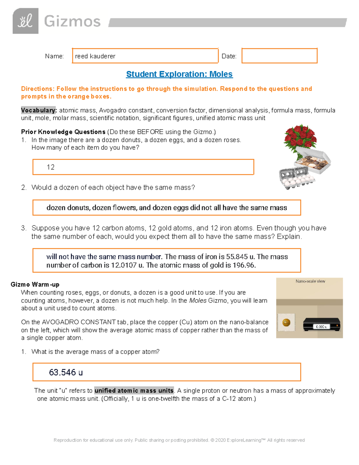 Copy of Gizmo - Mole Activity A - Name: reed kauderer Date: Student ...