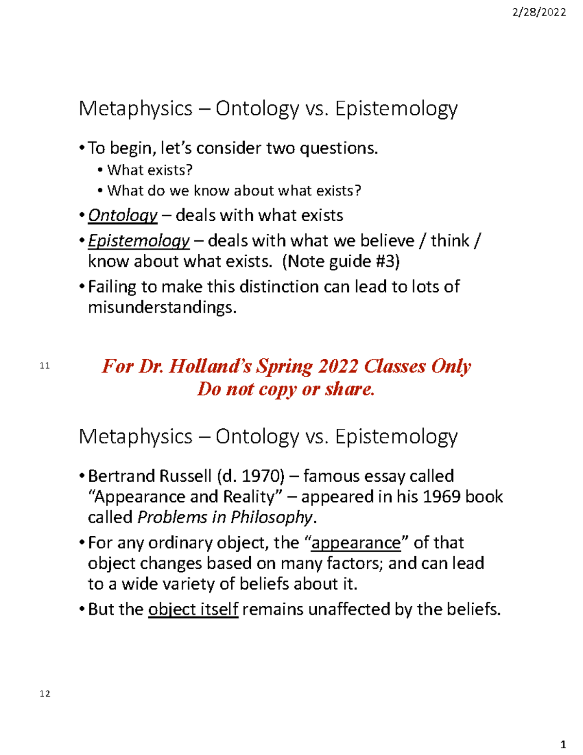 Topic 4 Excerpt pdf - Metaphysics –Ontology vs. Epistemology To begin ...