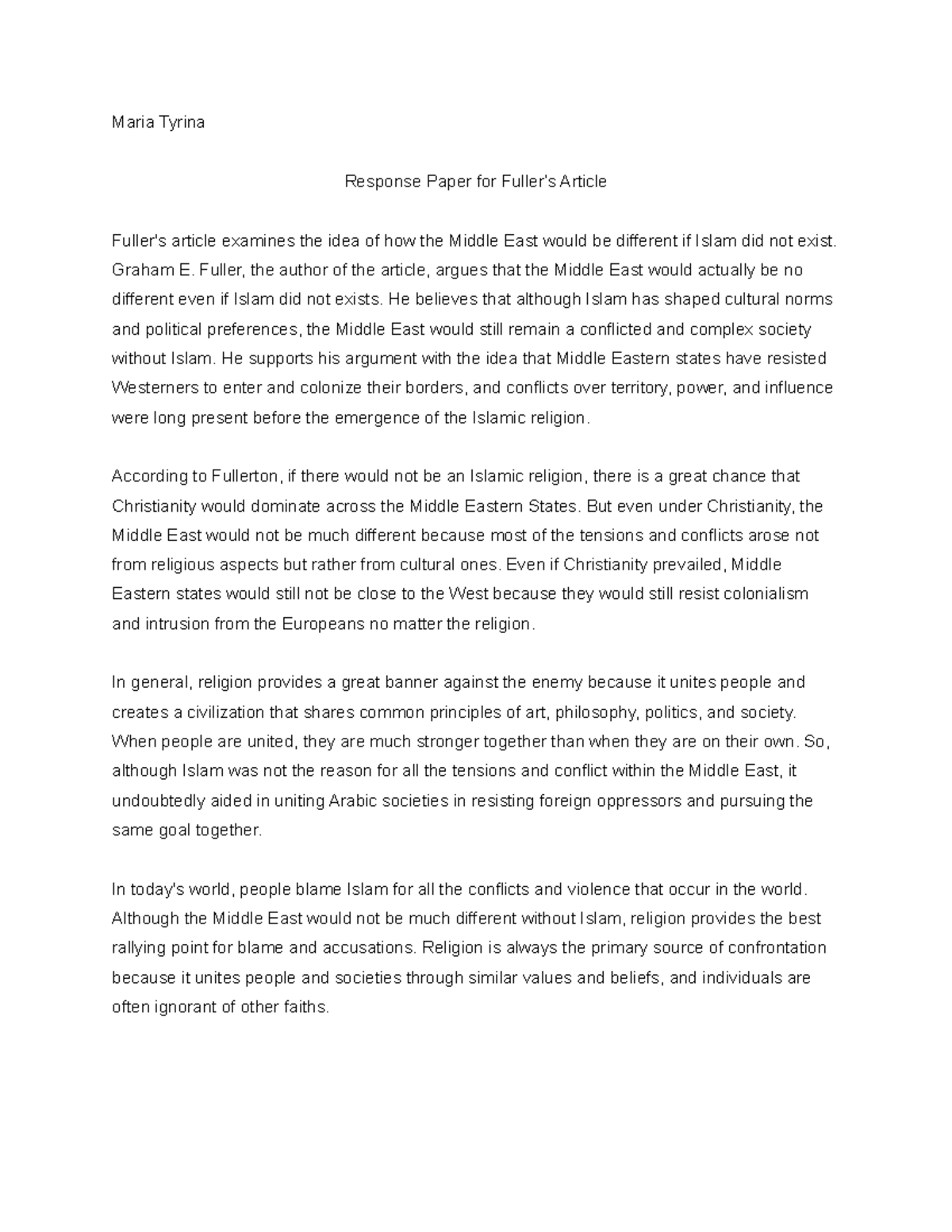 Response Paper for Fuller’s Article - Maria Tyrina Response Paper for ...